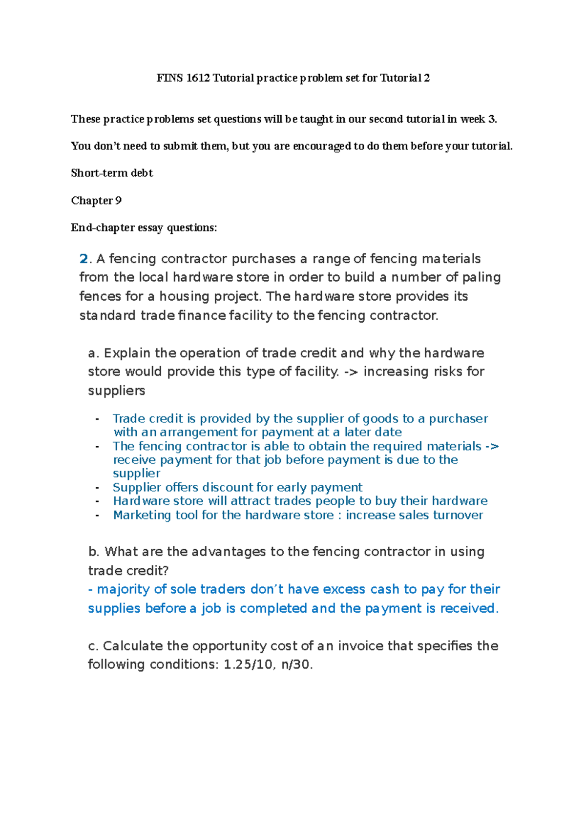 FINS1612 Tutorial 2 homework answers - FINS 1612 Tutorial practice problem set for Tutorial 2 ...