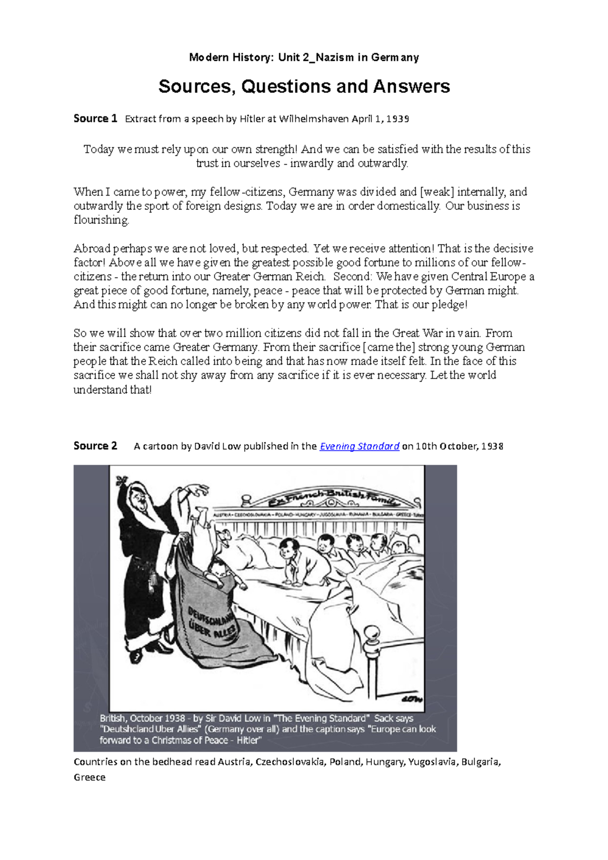 Road to War Source analysis documents - Modern History: Unit 2_Nazism ...