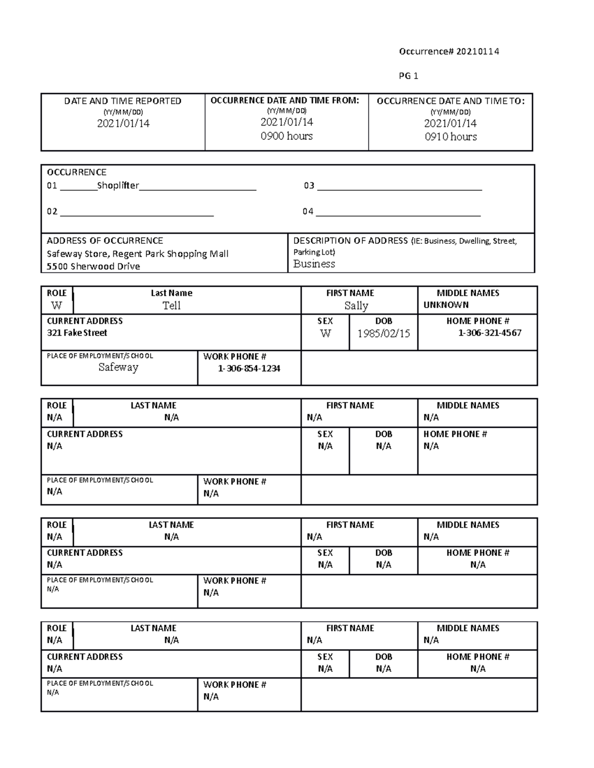 Blank Police Occurrence Report for Asignment 1 - Occurrence# 20210114 ...