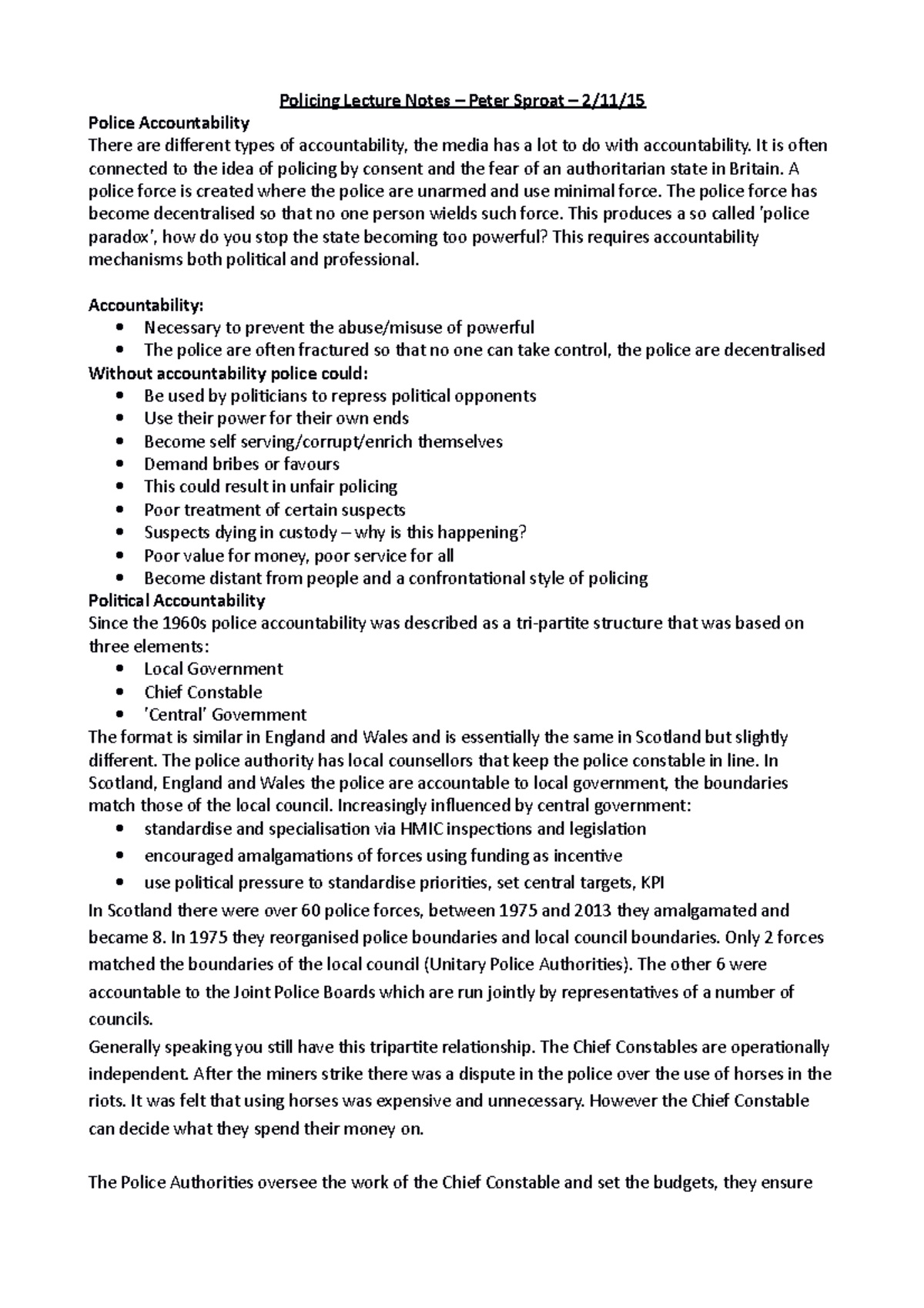 Policing 2-11-15 - Summary of lecture - Policing Lecture Notes Peter ...