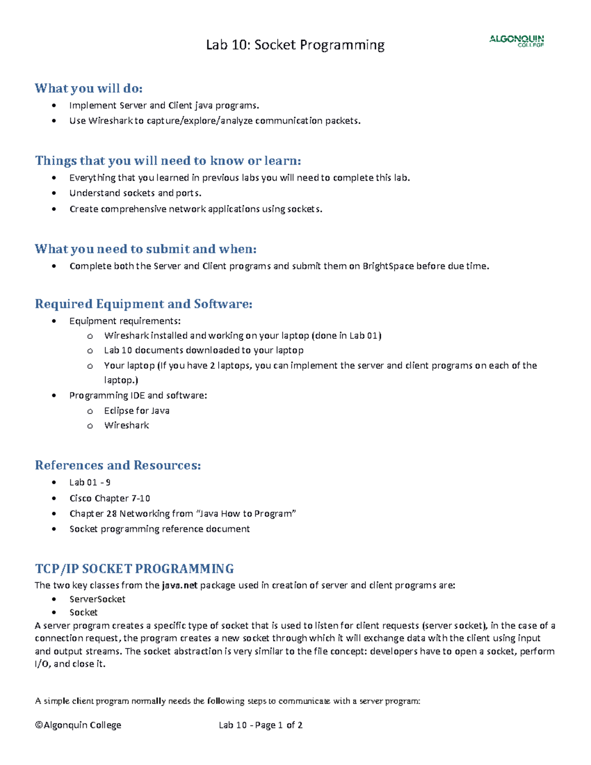 CST8109-Lab 10 - Lab Activity 1 - ©Algonquin College Lab 10 - Page 1 of 2 Lab 10: Socket ...