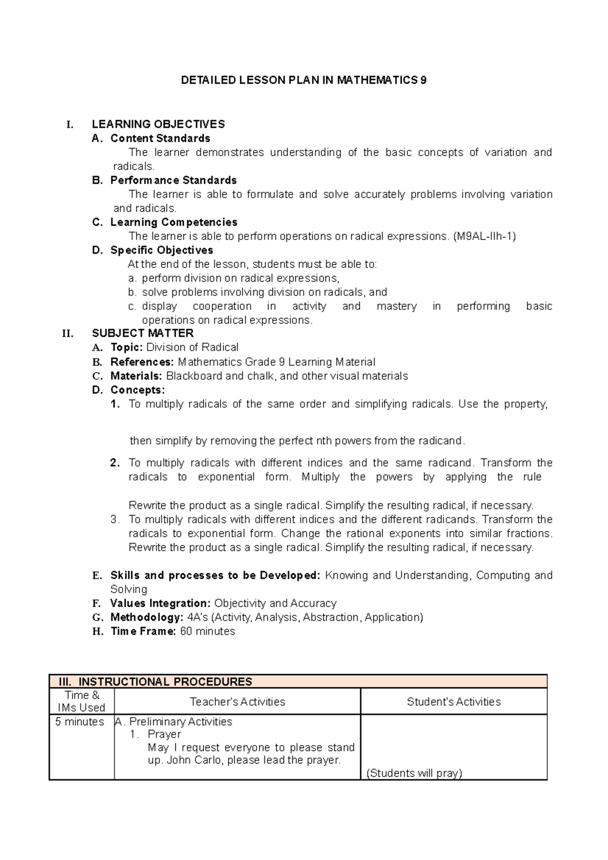 Detailed Lesson PLAN IN Mathematics 9 - DETAILED LESSON PLAN IN ...