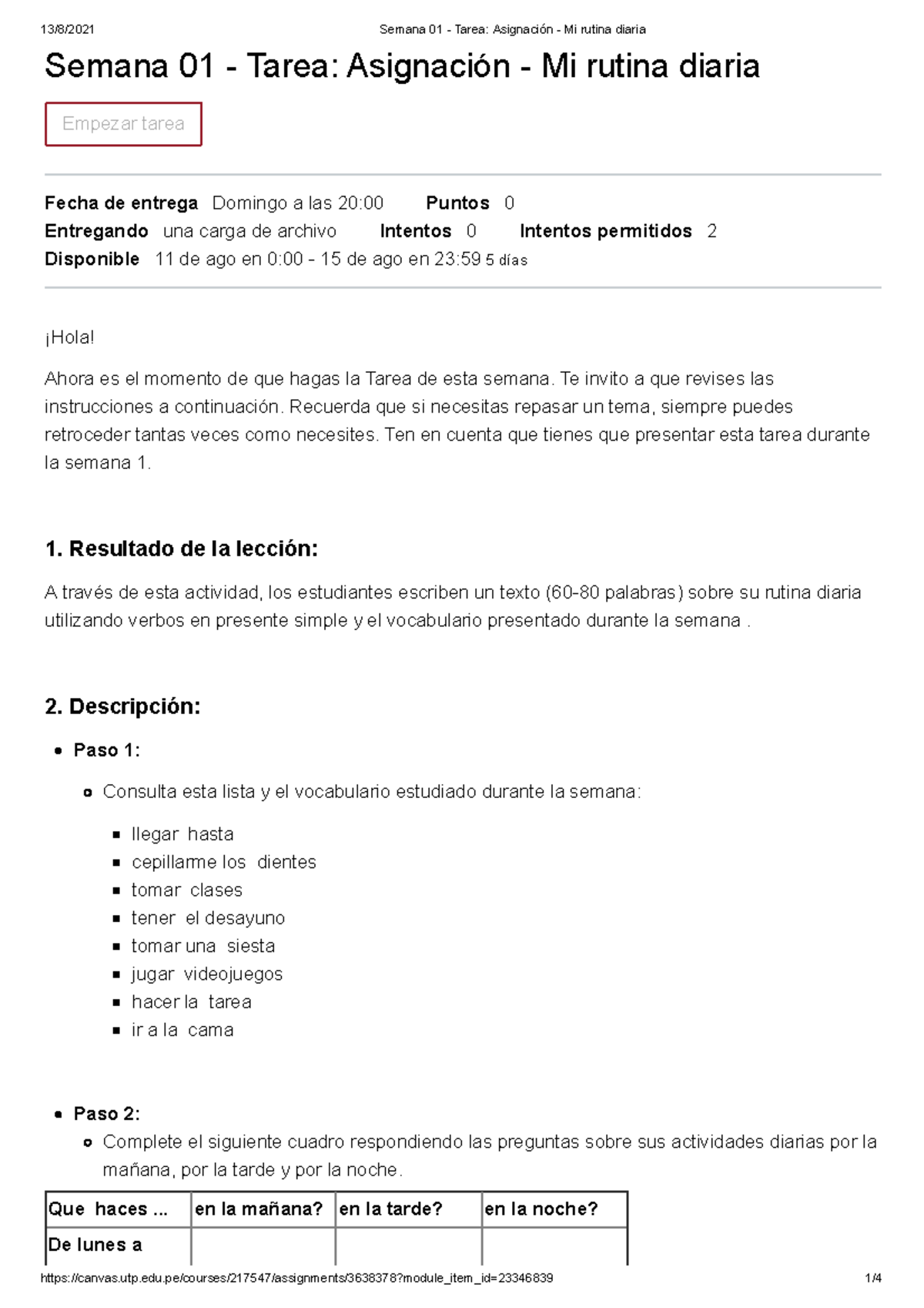 Semana 01 - Tarea Asignación - Mi rutina diaria - Inglés 3 - UTP - Studocu