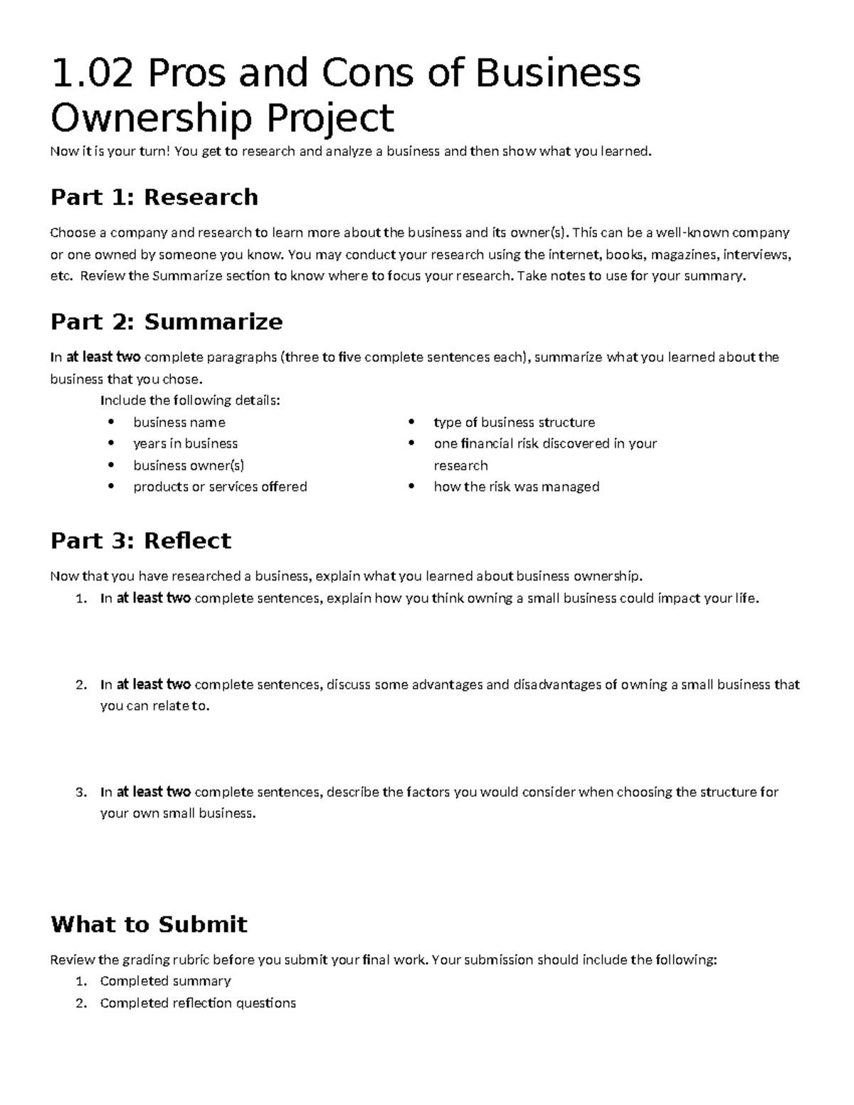 Pros and cons of business ownership project - 1 Pros and Cons of ...