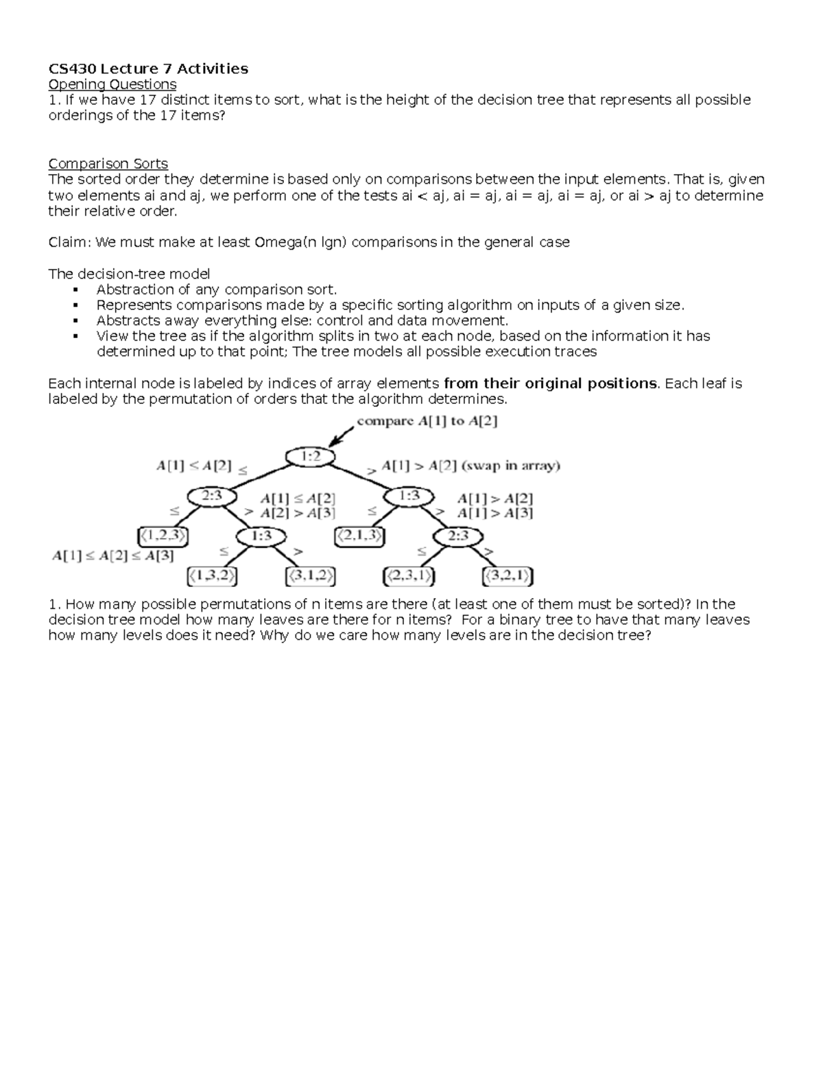 CS430Lecture 07Activities - CS430 Lecture 7 Activities Opening ...