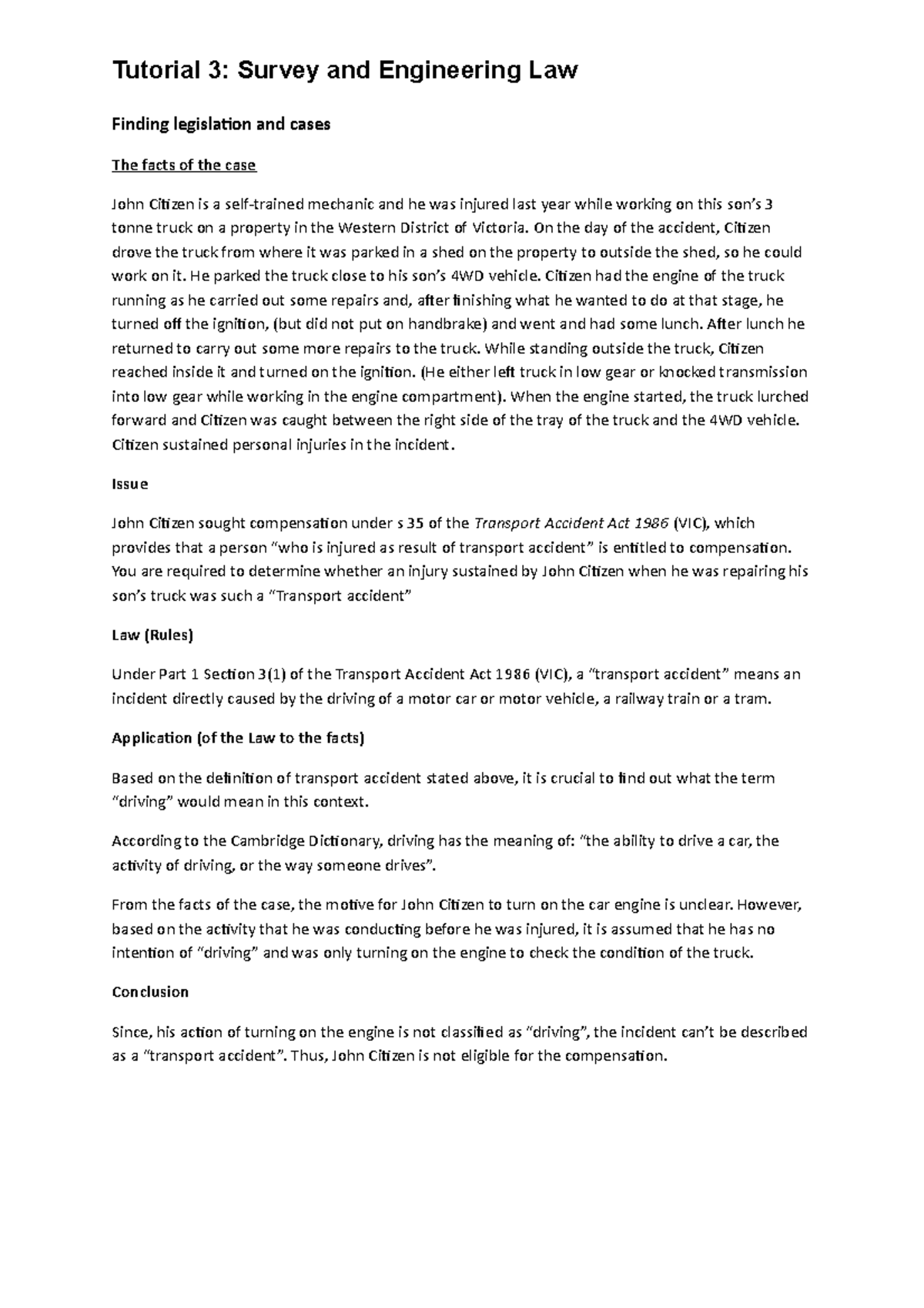 IRAC Attempt (Tutorial 3) - Tutorial 3: Survey and Engineering Law Finding legislation and cases ...