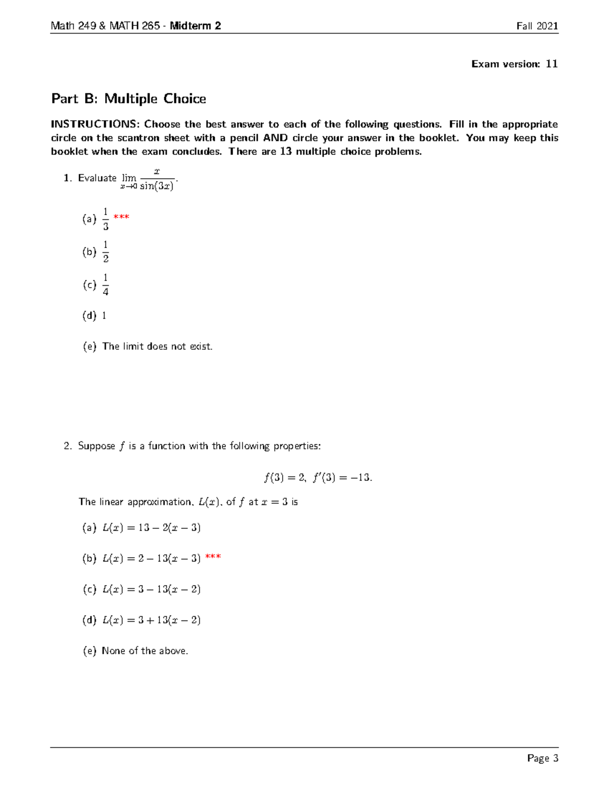 Midterm 2 Part B 11 Key - Exam version: 11 Part B: Multiple Choice ...