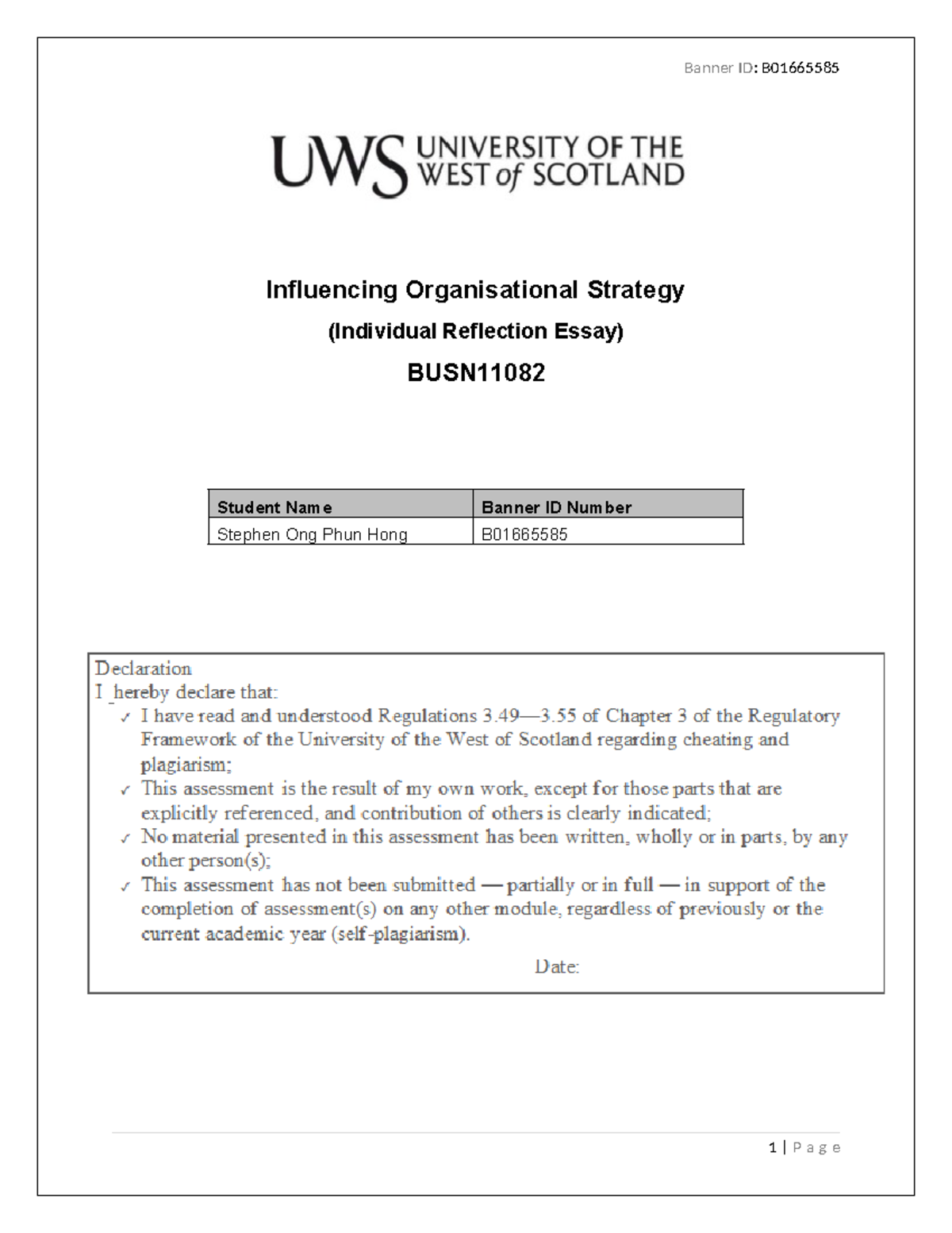 Self Reflection - Influencing Organisational Strategy (Individual ...
