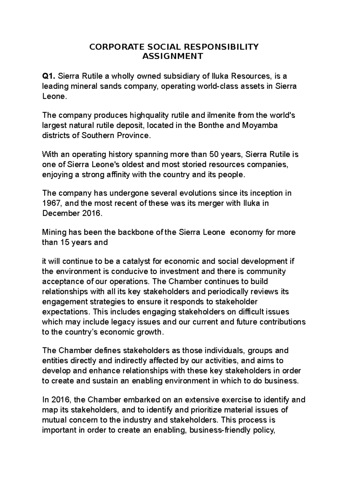 My csr - Information to CSR - CORPORATE SOCIAL RESPONSIBILITY ASSIGNMENT Q1. Sierra Rutile a ...