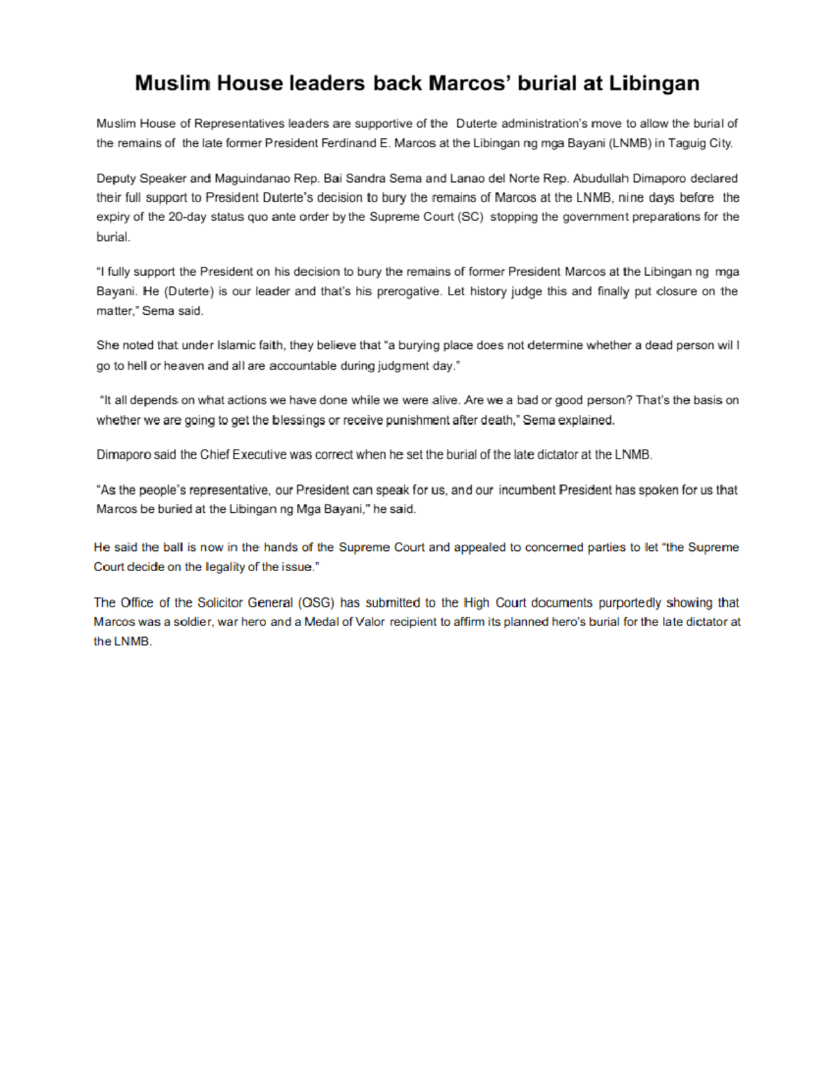 Copyreading - English - Muslim House leaders back burial at Libingan ...