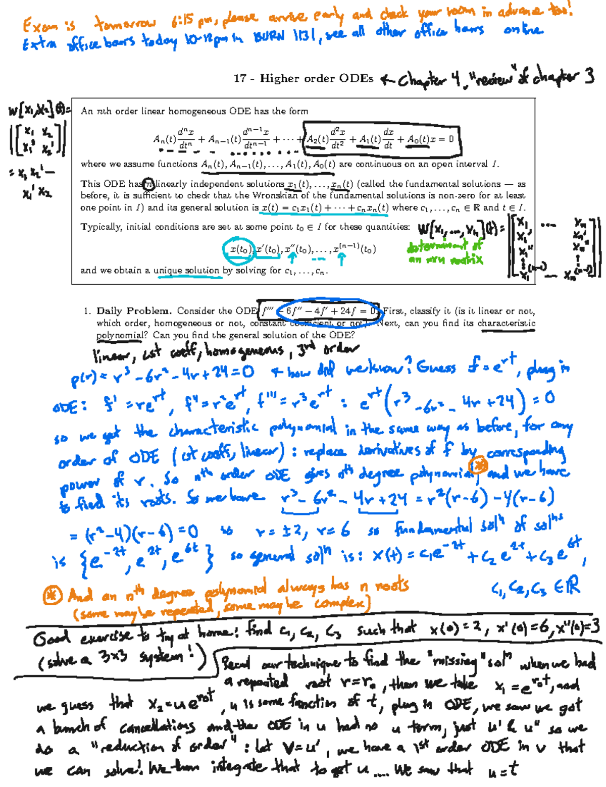 Ws17-notes - class 17 - 17 - Higher order ODEs An nth order linear ...