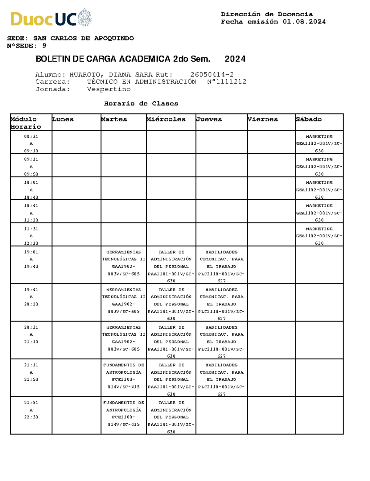 Horario 8753870884322637069 - BOLETIN DE CARGA ACADEMICA 2do Sem. 2024 ...