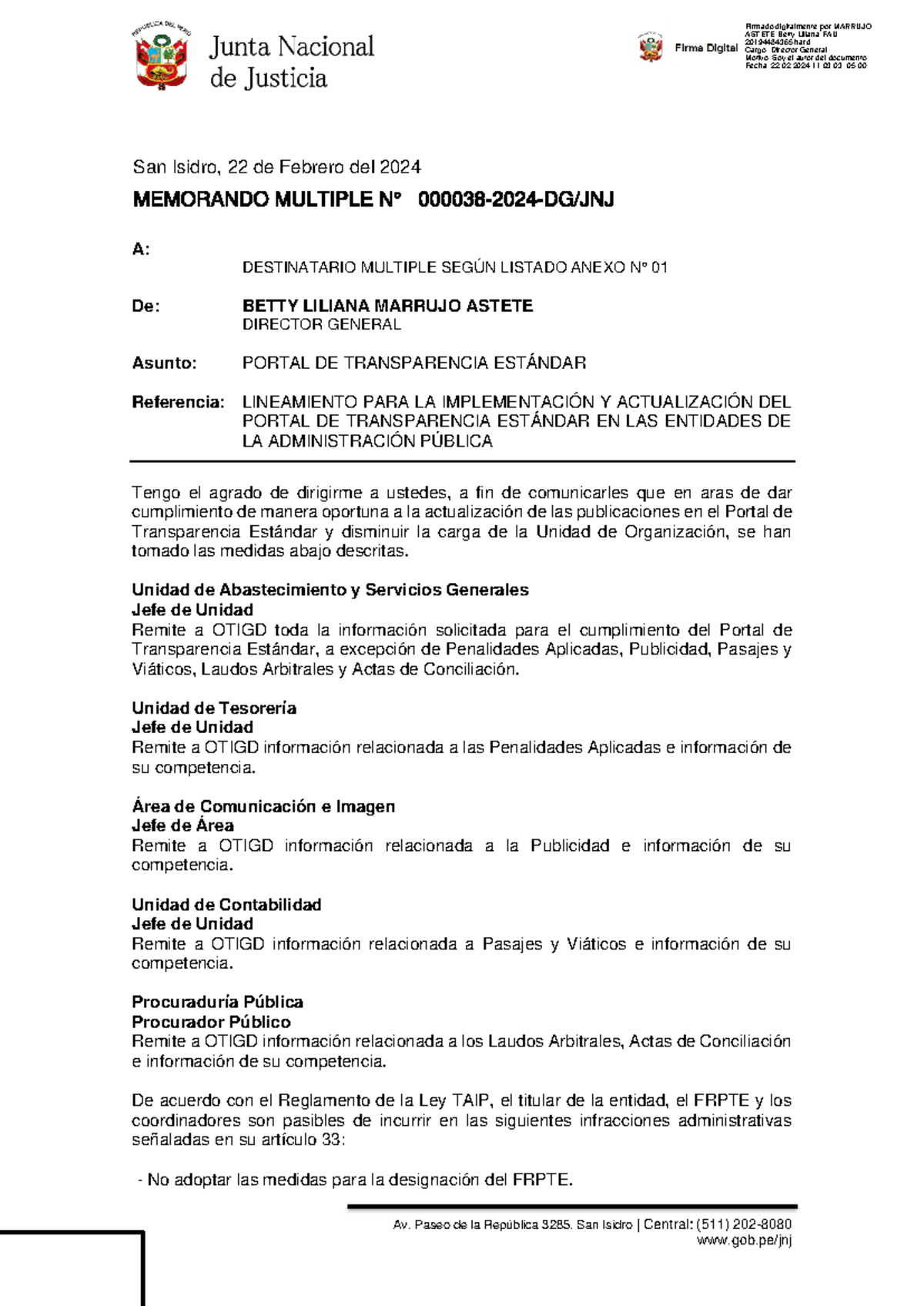 Memorando Multiple-000038-2024-DG - Av. Paseo de la República 3285. San Isidro | Central: (511 ...