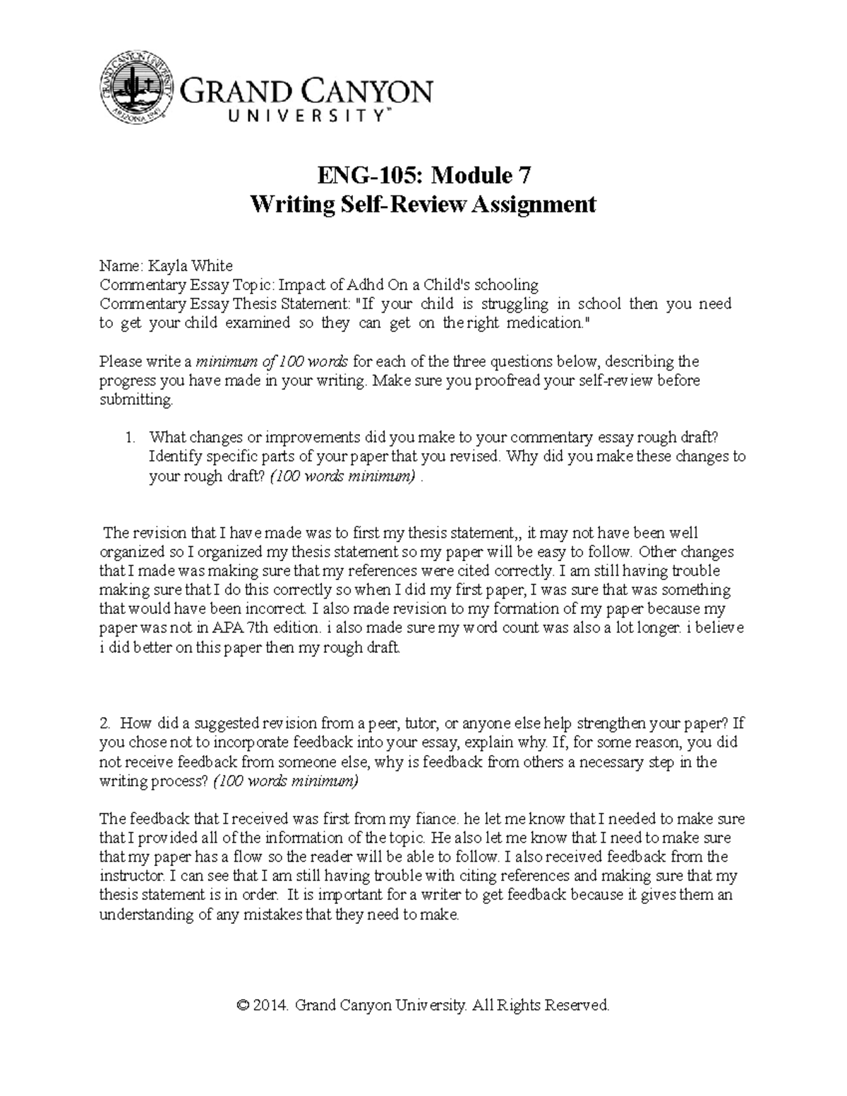 ENG 105 RS Self Review Assignment - ENG-105: Module 7 Writing Self ...