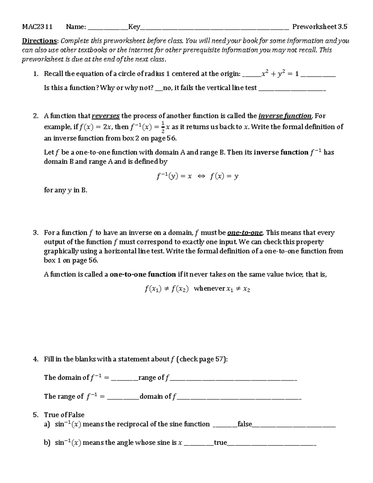 Preworksheet 3.5 Solutions - MAC2311 Name: Key ...