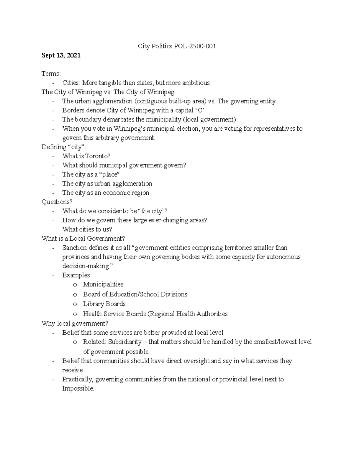 City Politics Yearly Notes - City Politics POL-2500- Sept 13, 2021 ...