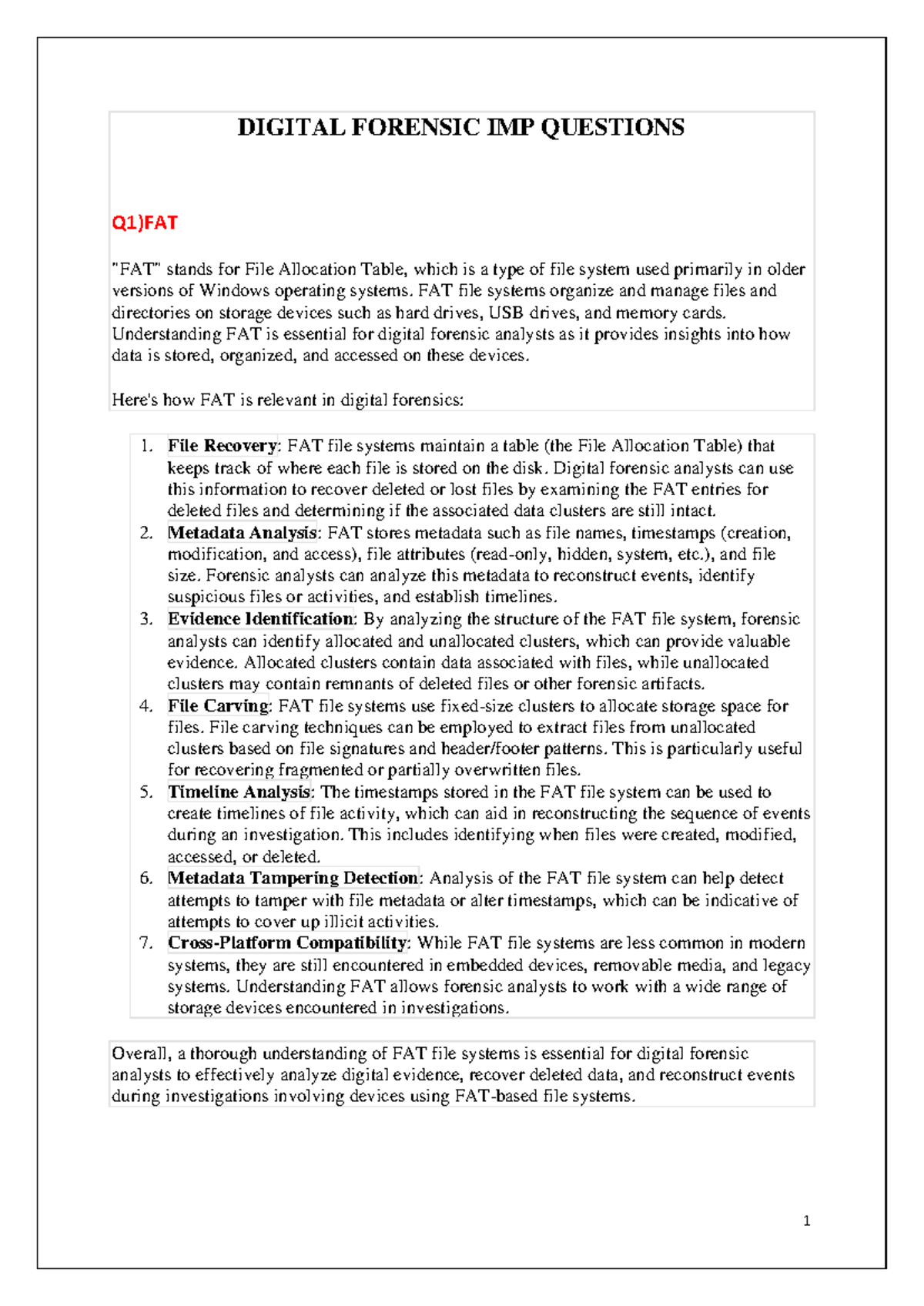 Digital forensic notes - DIGITAL FORENSIC IMP QUESTIONS Q1)FAT "FAT ...