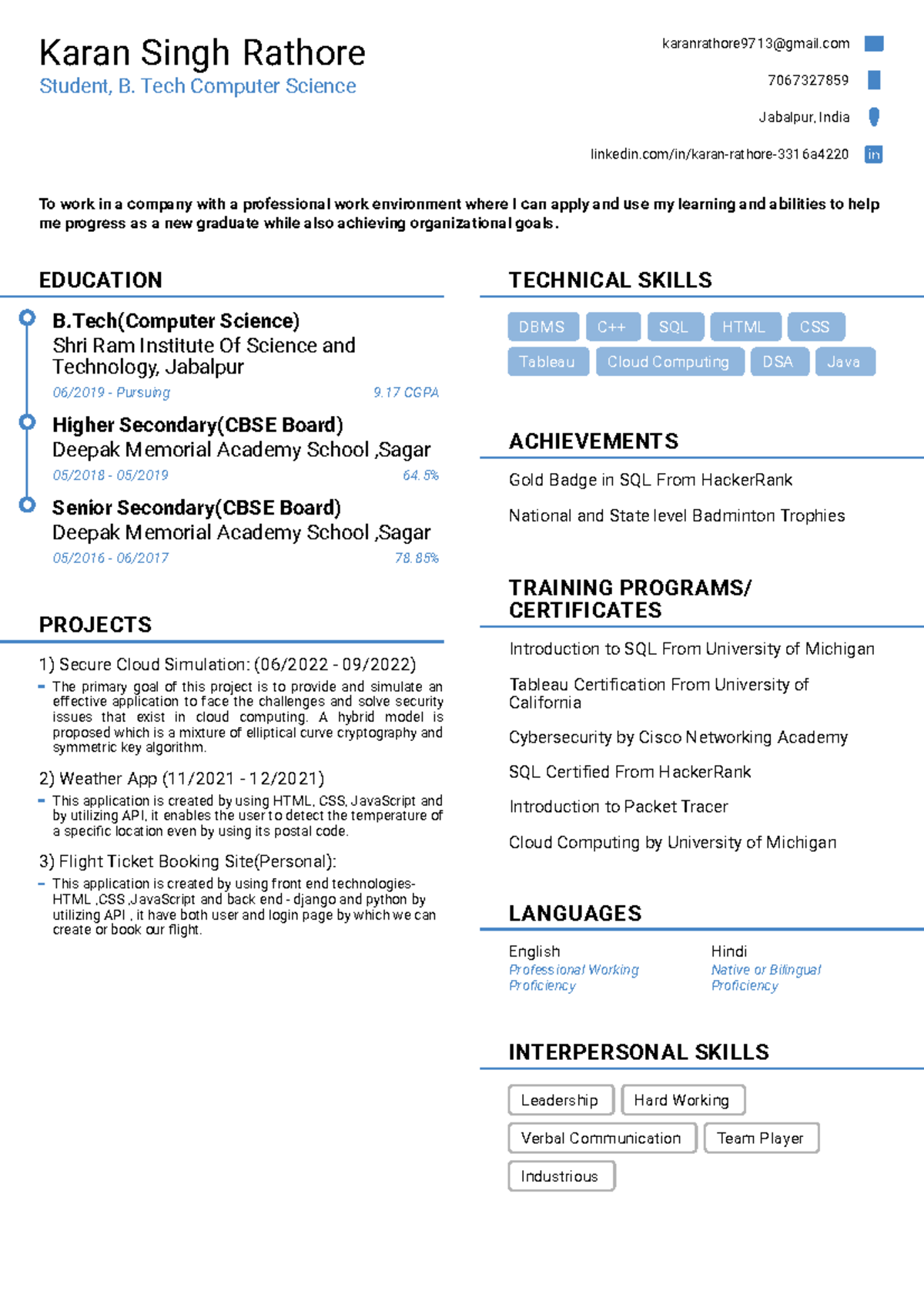 Karan's Resume - This is the practice document i have made. - Karan Singh Rathore Student, B ...