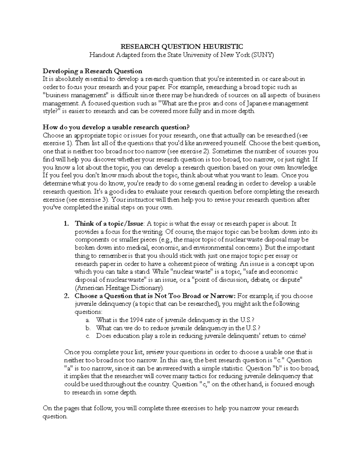 ENG1020 Research Question Heuristic - RESEARCH QUESTION HEURISTIC ...