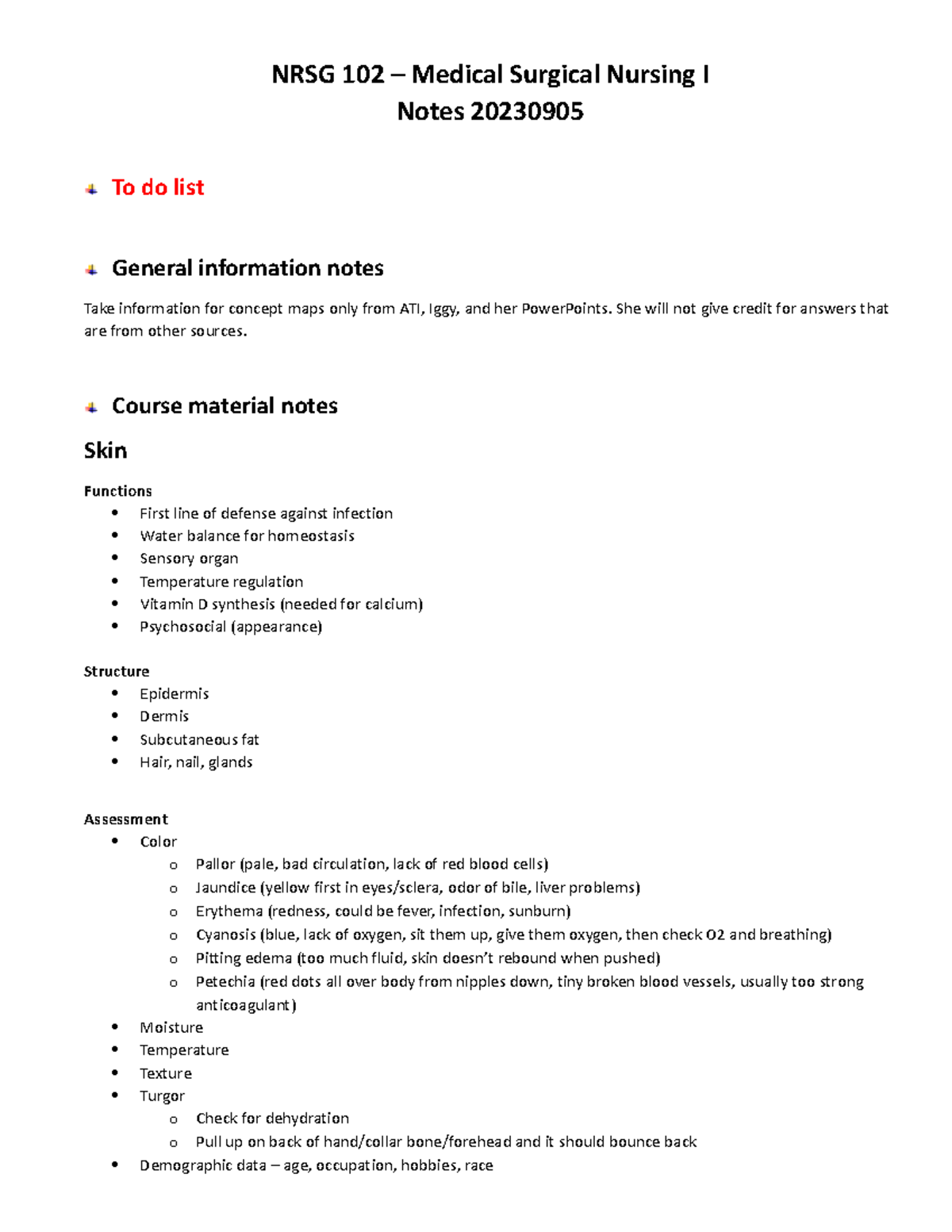 NRSG 102 – Notes 20230905 - NRSG 102 – Medical Surgical Nursing I Notes ...