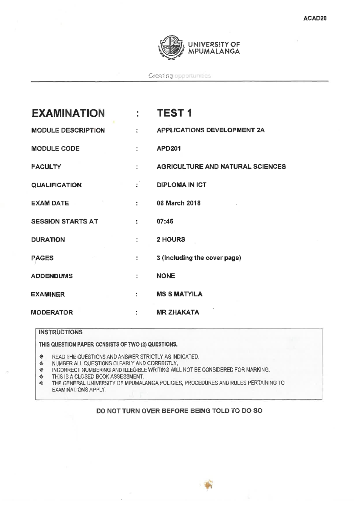 APD 2 - Practical - ACAD20 UNIVERSITY OF MPUMALANGA Creating ...