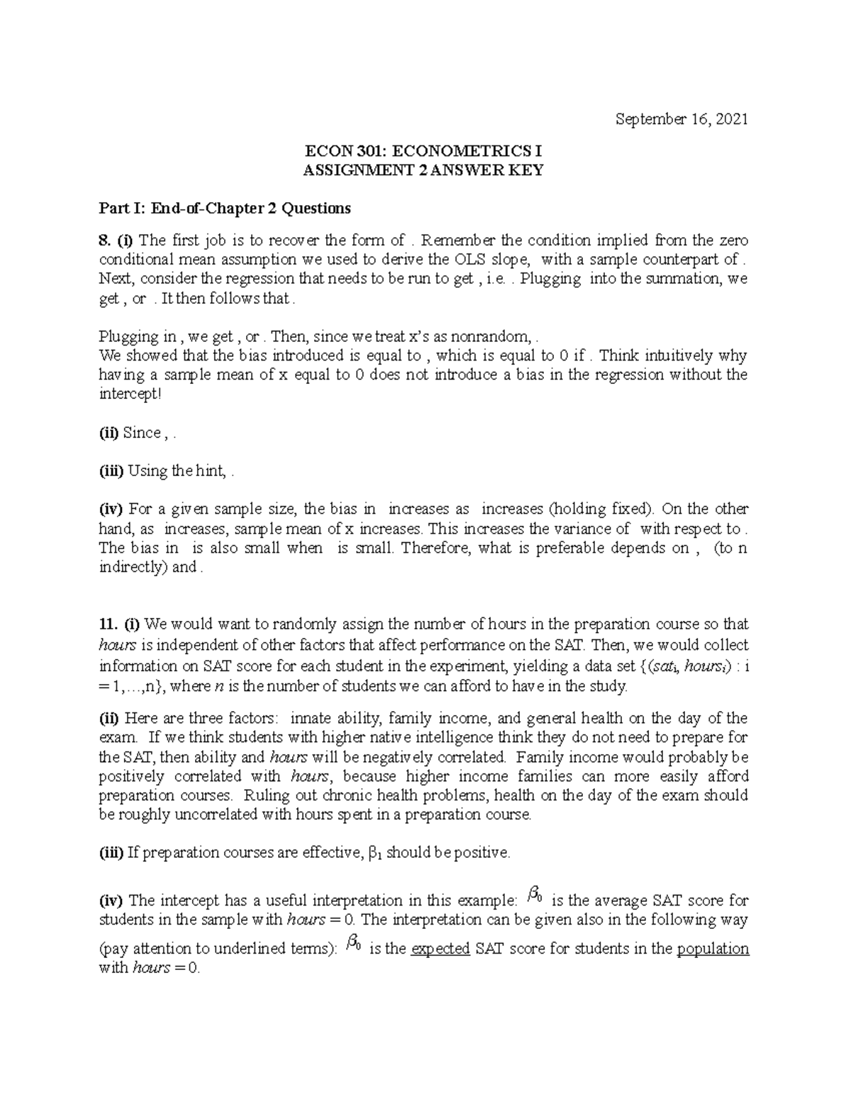 Assignment 2 Answer Key - September 16, 2021 ECON 301: ECONOMETRICS I ASSIGNMENT 2 ANSWER KEY ...