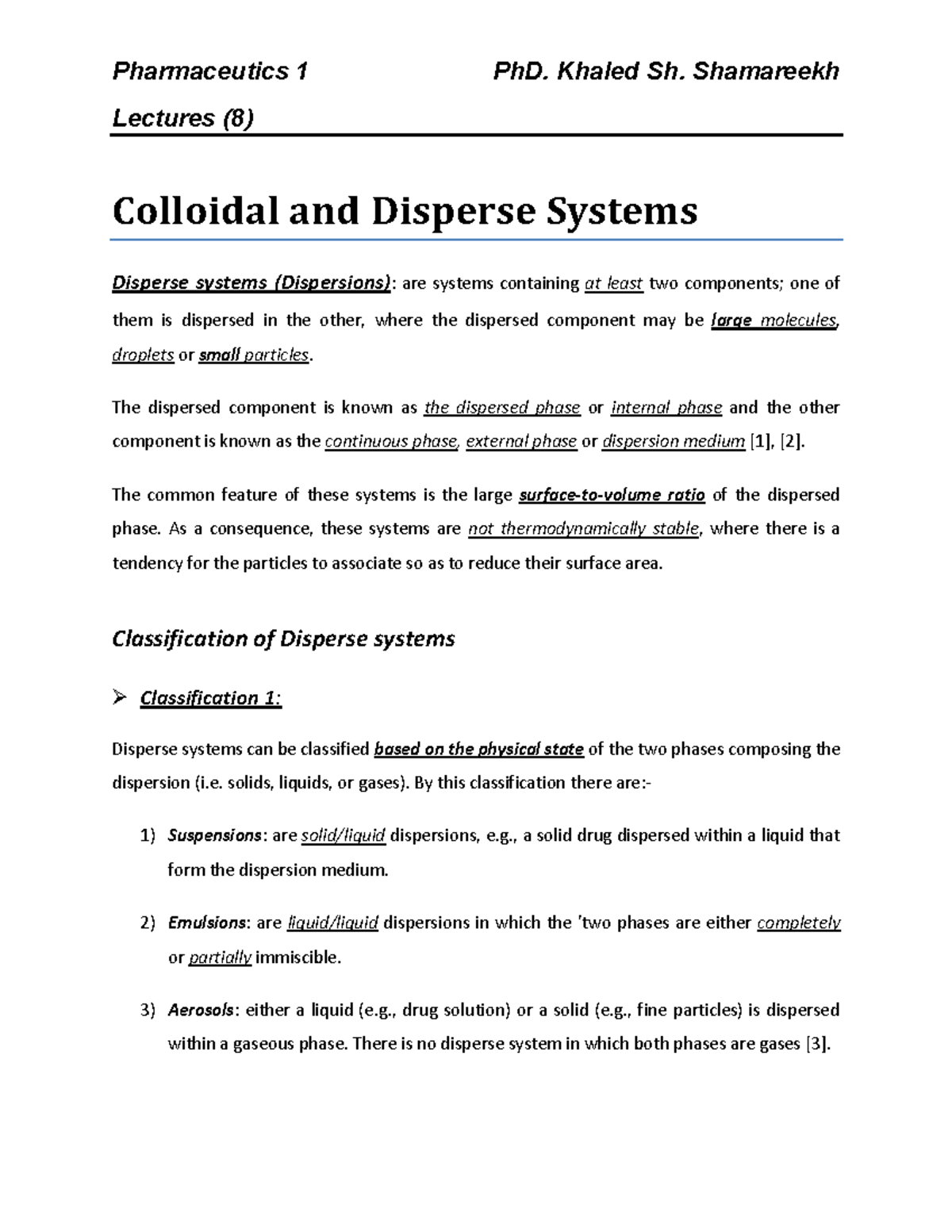 Lecture 8 (Colloidal and Disperse systems) - Lectures (8) Colloidal and ...