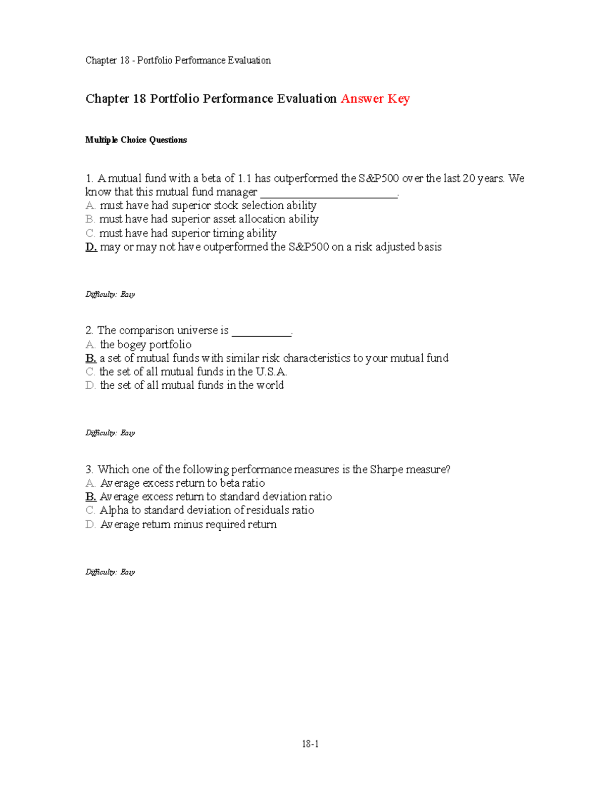 Chap018 - thanks - Chapter 18 Portfolio Performance Evaluation Answer ...