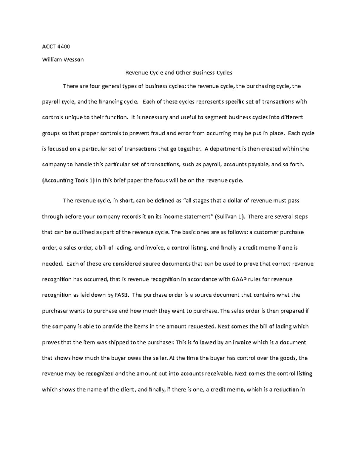 ACCT 4400 Revenue Cycle William Wesson - ACCT 440 - CSUSB - Studocu