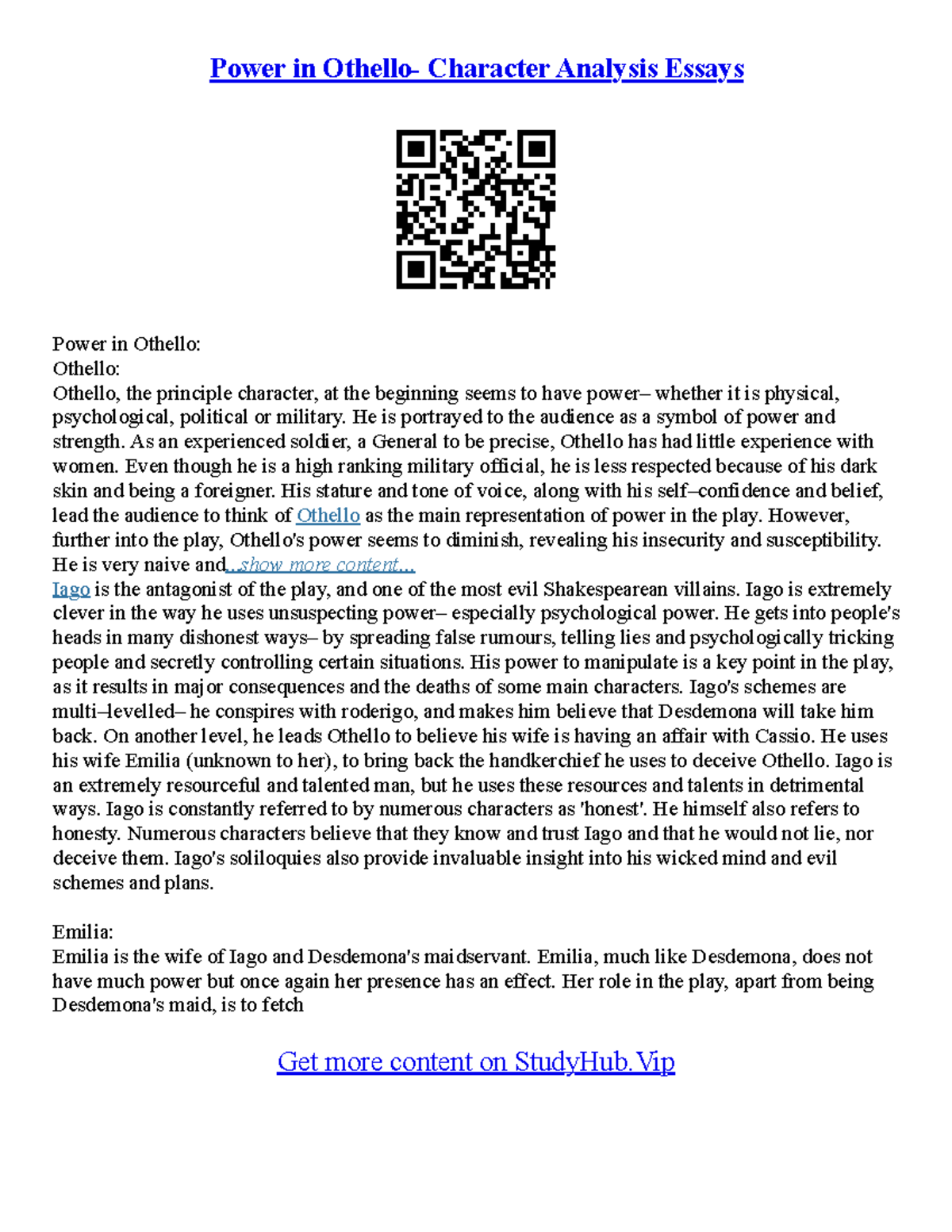 Othello Analysis Essay - Power in Othello- Character Analysis Essays ...