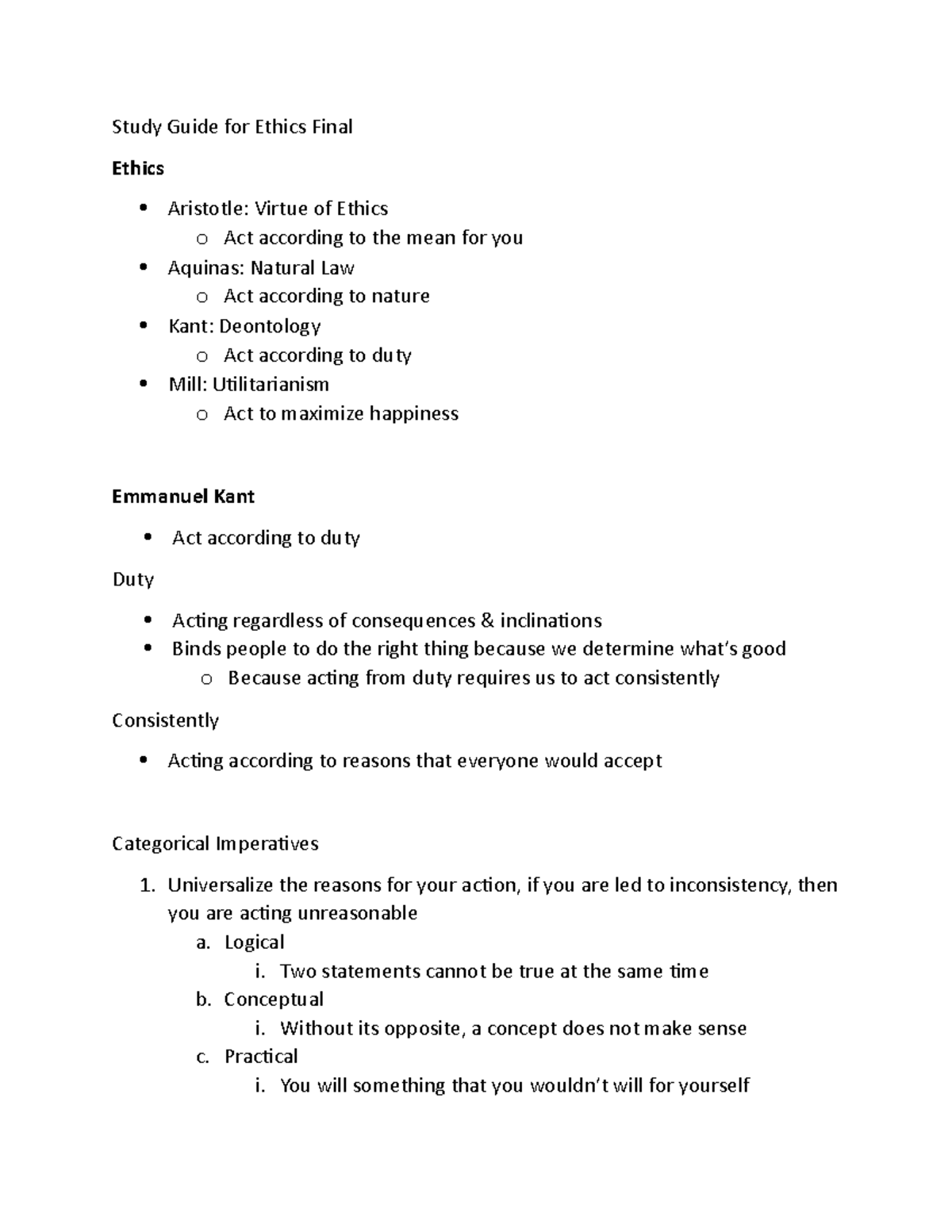 Study Guide Final - Study Guide for Ethics Final Ethics Aristotle ...