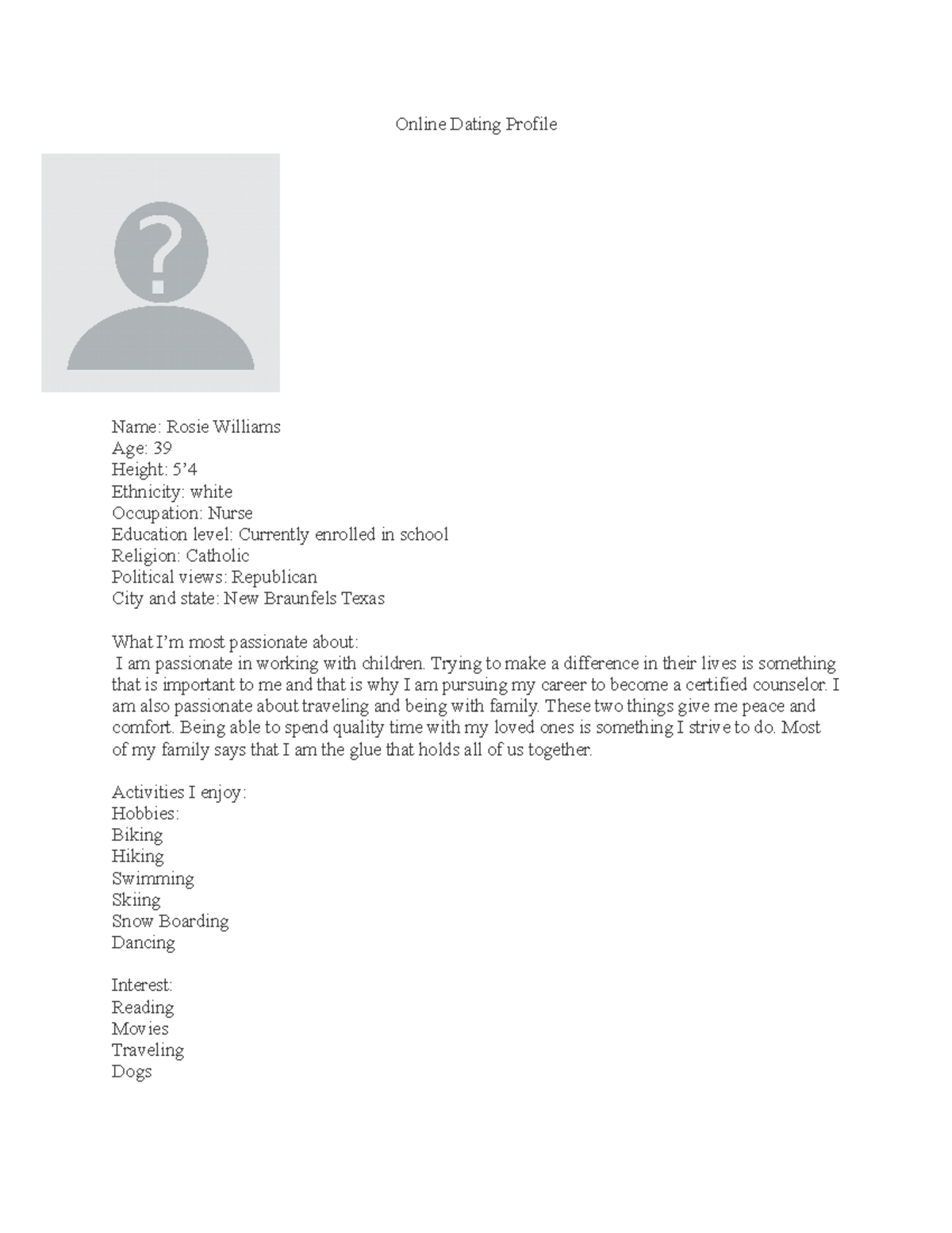 Dating profile for our selves - Online Dating Profile Name: Rosie ...