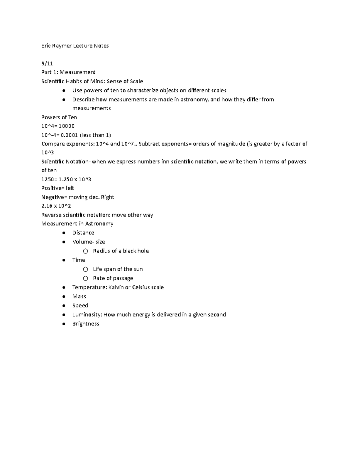 Astronomy Notes Eric Raymer - Eric Raymer Lecture Notes 9/ Part 1 ...