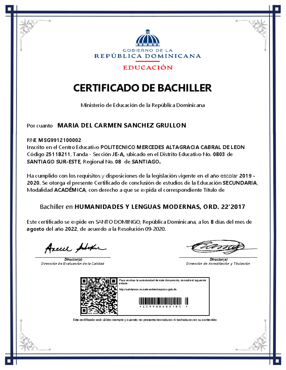 Certificado PDF - Es muy buena - CERTIFICADO DE BACHILLER Ministerio de Educación de la ...