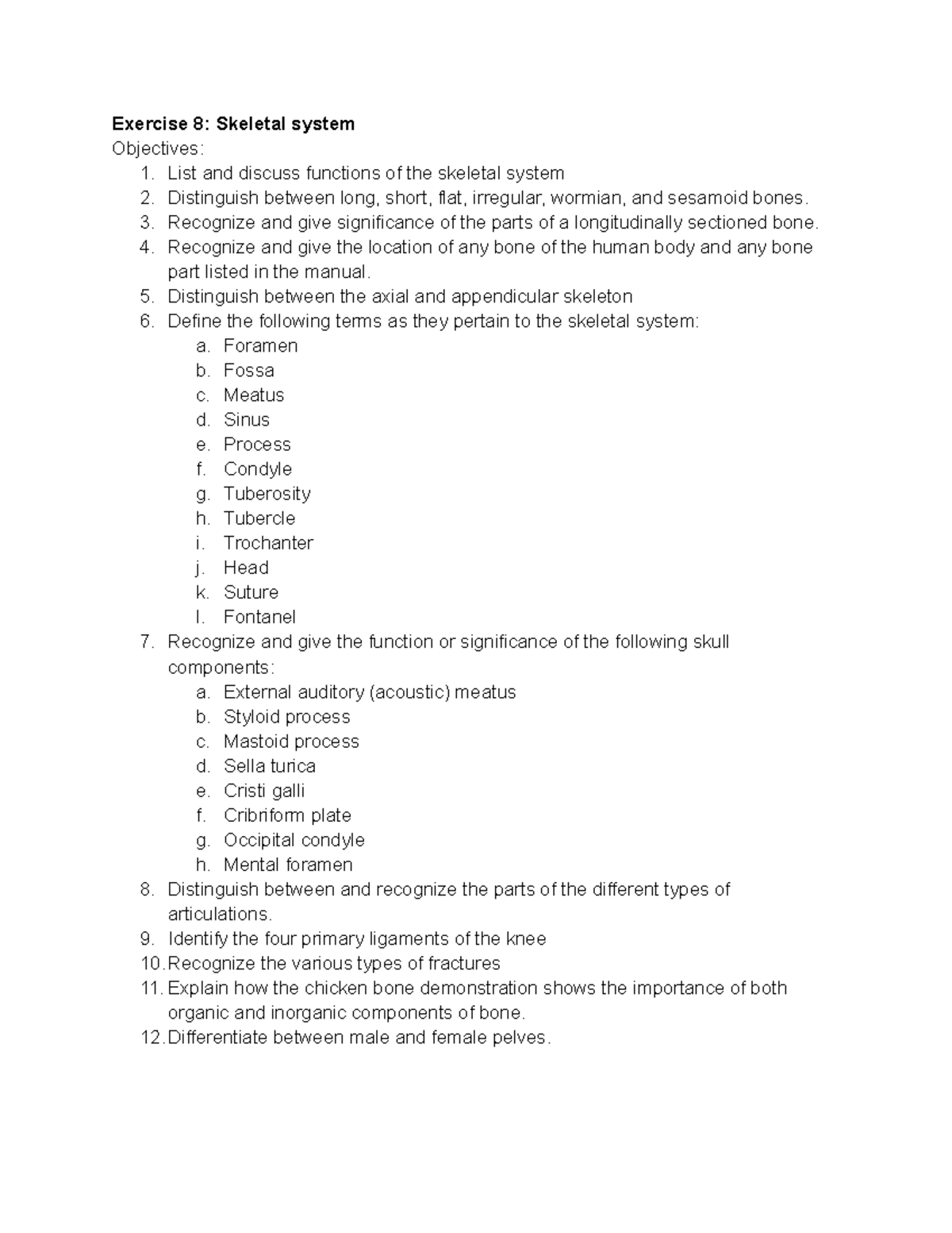 Lab Exam 2 - lab exam 2 - Exercise 8: Skeletal system Objectives: 1 ...