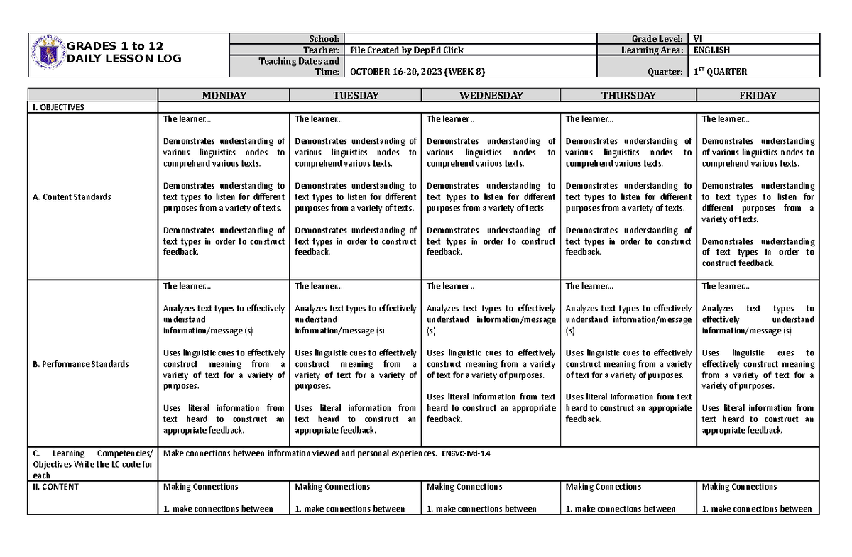 DLL English 6 Q1 Week 8 - PRACTICE - GRADES 1 to 12 DAILY LESSON LOG ...