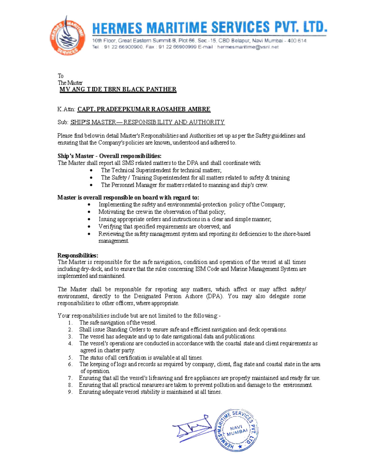 Masters Authority AND Responsibility - To The Master MV ANG TIDE TBRN ...