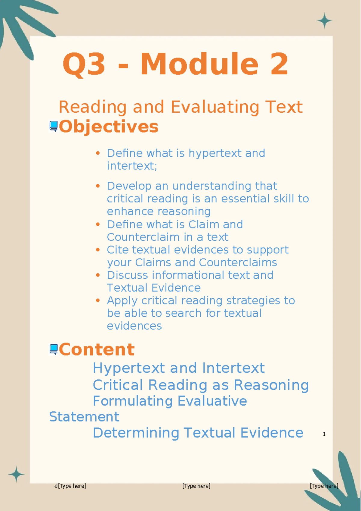 Eng 2 module 2 - ####### 1 Reading and Evaluating Text Objectives ...