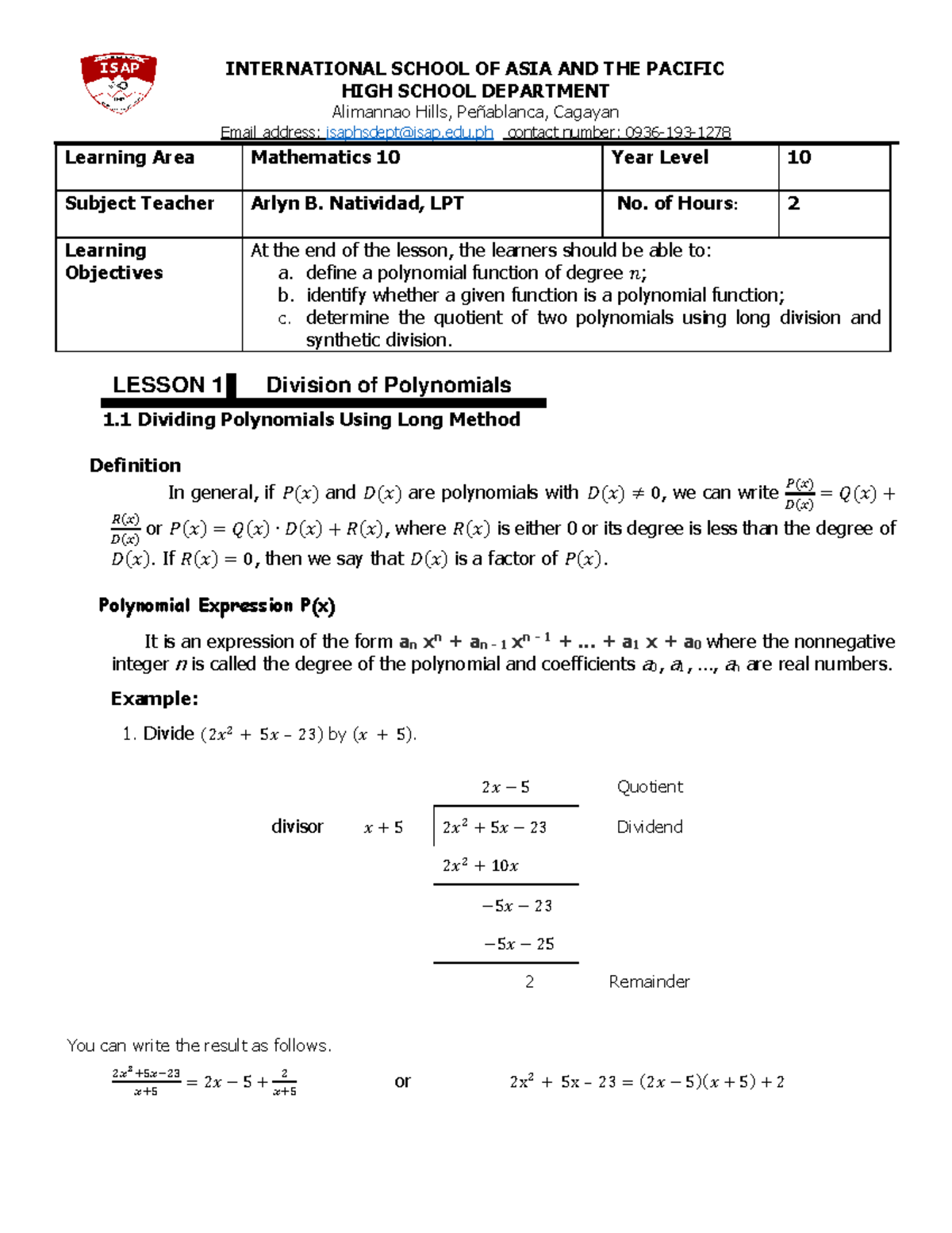MATH 1ST Quarter Lesson 3 - INTERNATIONAL SCHOOL OF ASIA AND THE ...