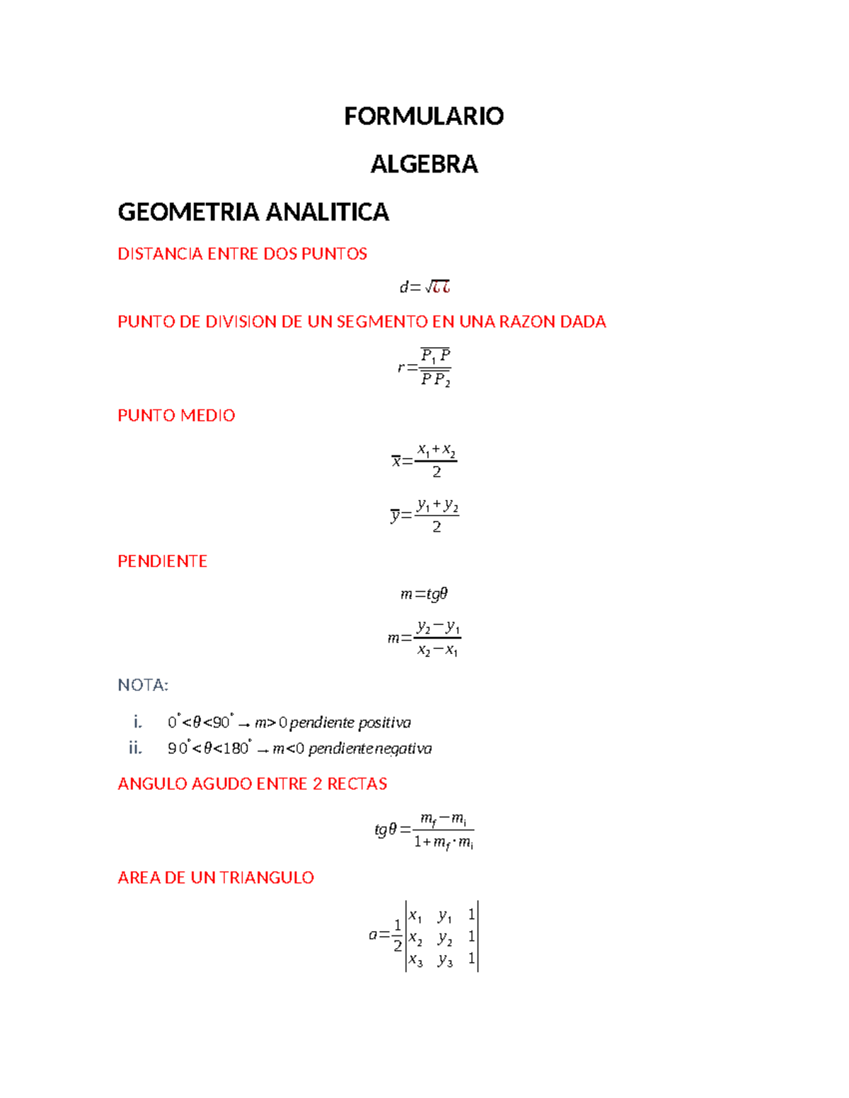 Formulario Algebra 100 - FORMULARIO ALGEBRA GEOMETRIA ANALITICA ...