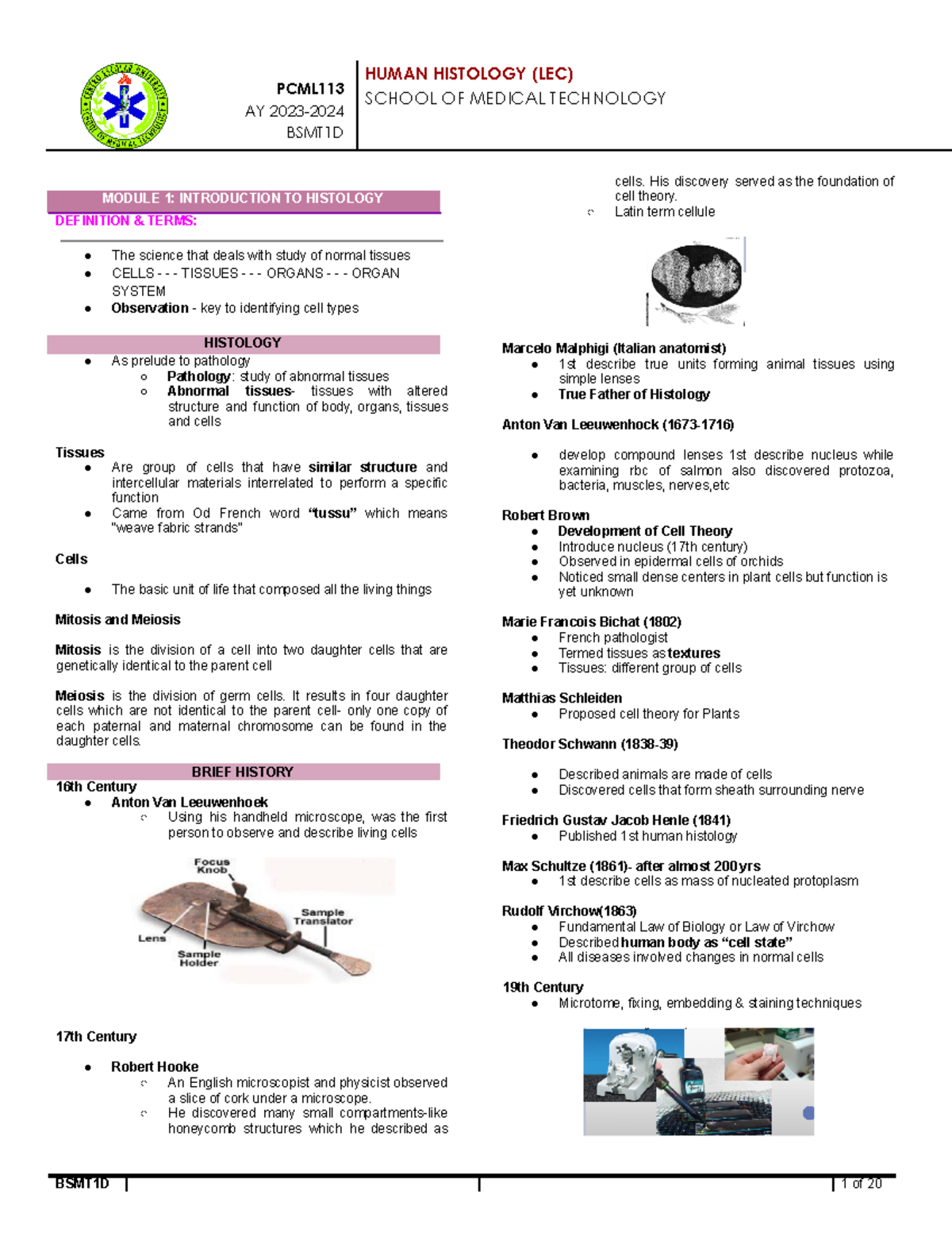 Human Histology (LEC) Midterm - PCML AY 2023- BSMT1D SCHOOL OF MEDICAL TECHNOLOGY MODULE 1 ...