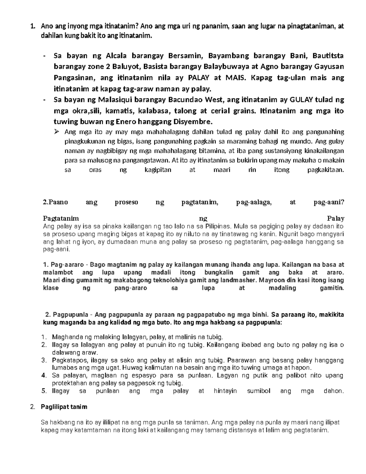 1-4 Survey - 1. Ano ang inyong mga itinatanim? Ano ang mga uri ng ...