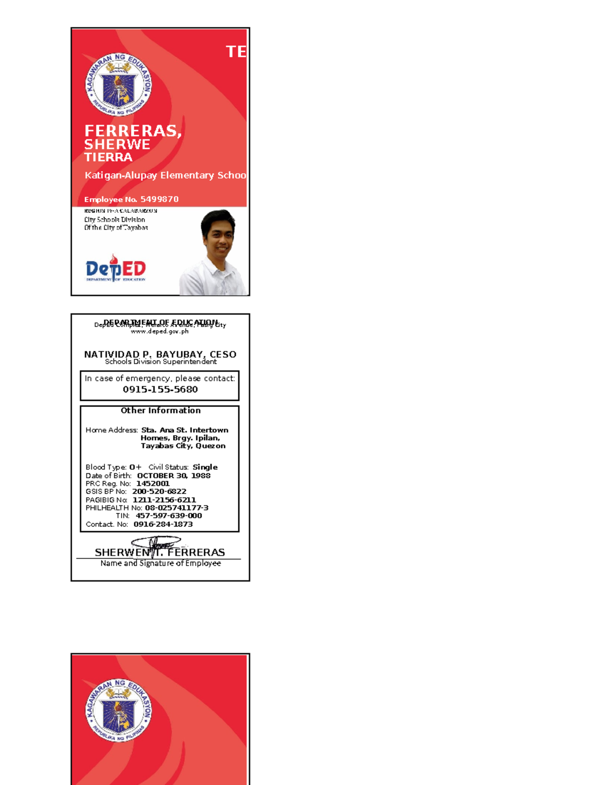 Deped ID Official Front & BACK - TEACHER I FERRERAS, SHERWE Employee No ...