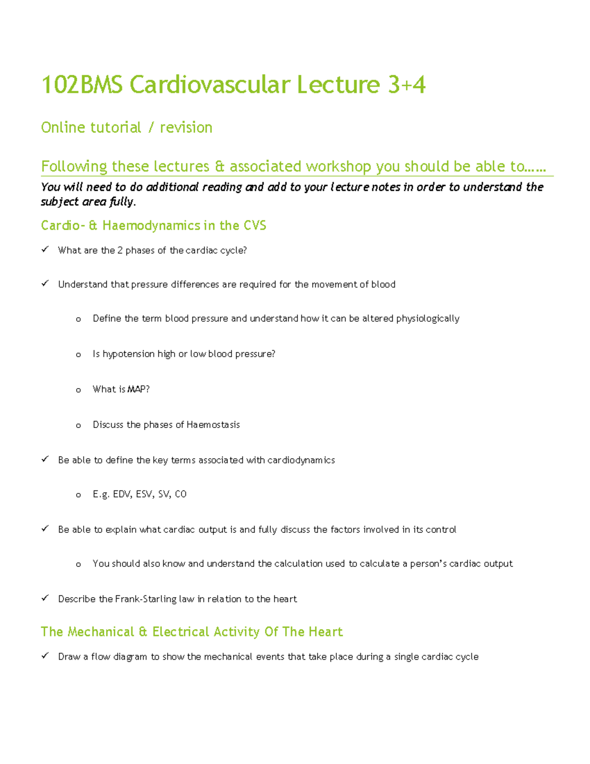 102bms Cardiovascular System Lec 3 4 Online Tutorial Revision Notes 102bms Cardiovascular