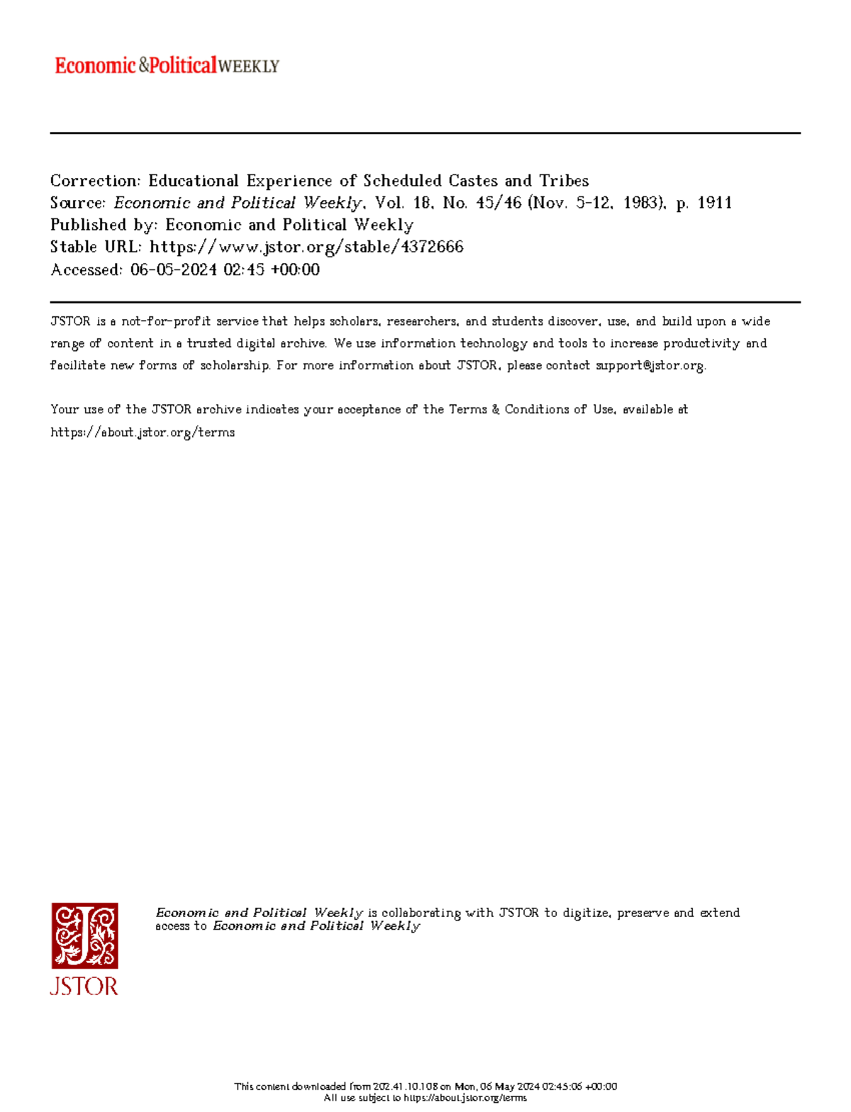 Correction Educational Experience-1983 - 18, No. 45/46 (Nov. 5-12, 1983 ...