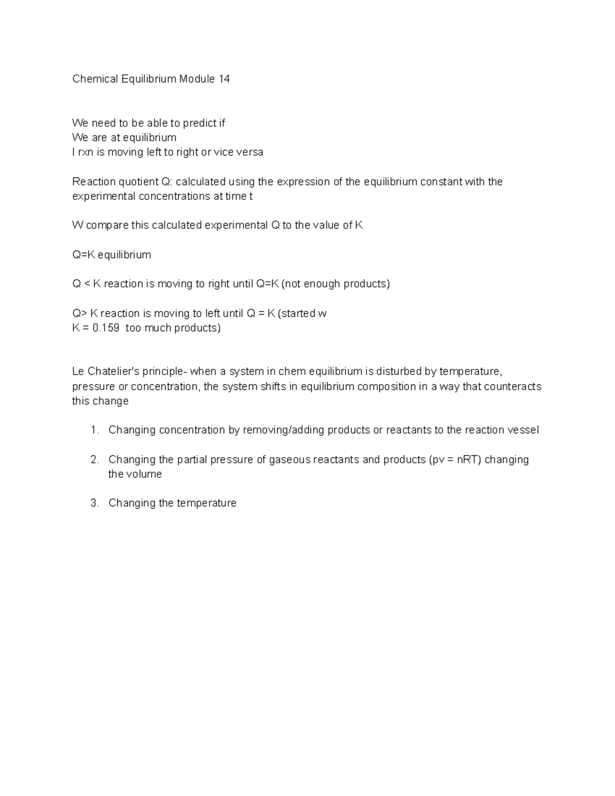 Chemistry Moduel 14 - Notes on Le Chateliers principle and Reaction ...