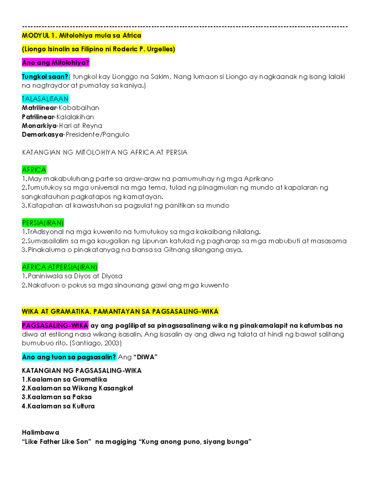 Lessons-FIL10-3RDQ - Filipino Quarter 3 Grade 10 - MODYUL 1. Mitolohiya ...