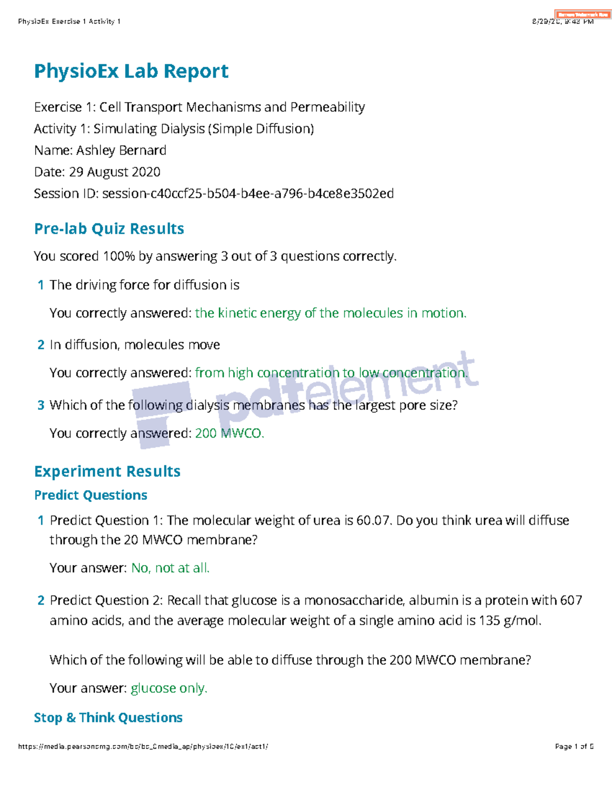 Physio LAB 1 - Lab courses notes - PhysioEx Lab Report Exercise 1: Cell ...
