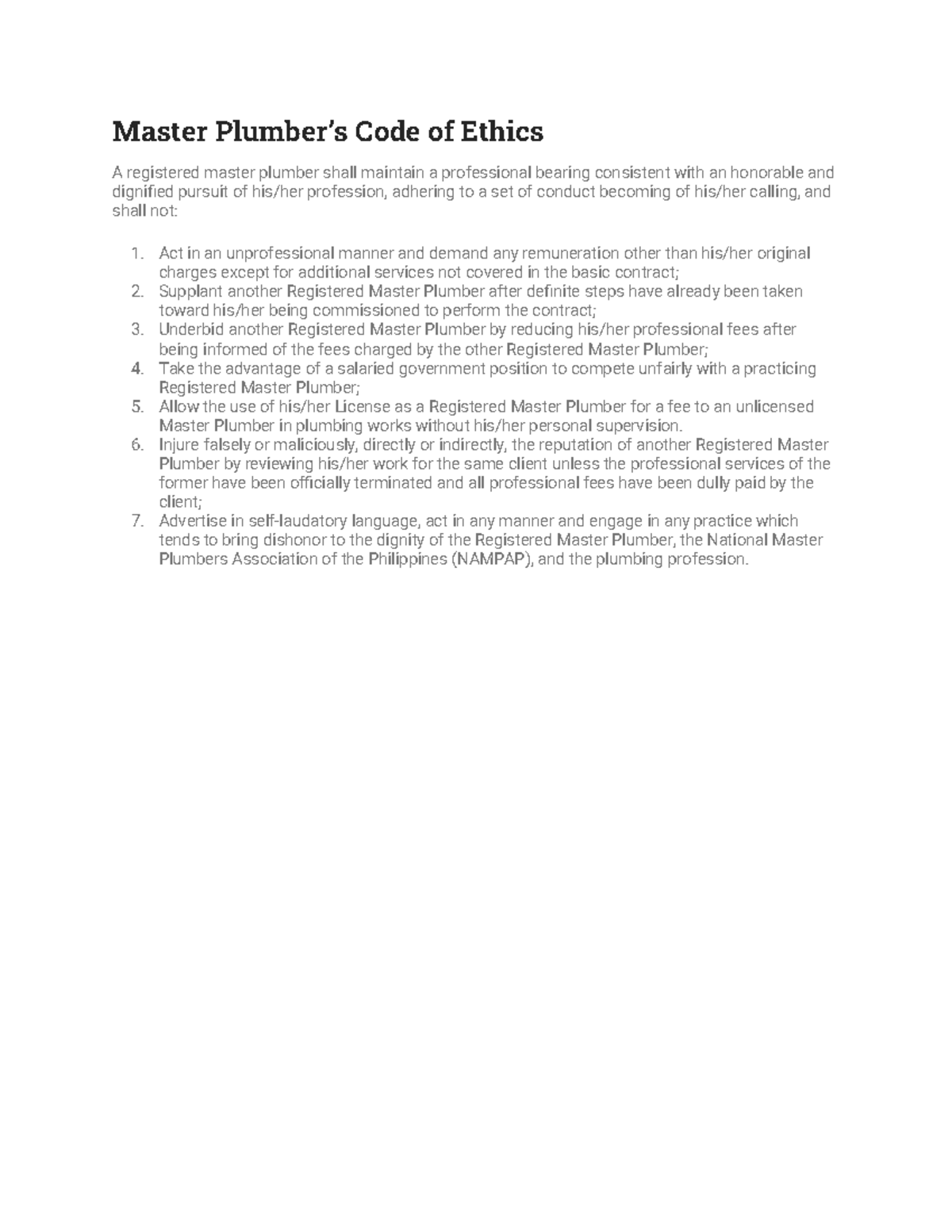 Master Plumber - Master Plumber’s Code of Ethics A registered master ...