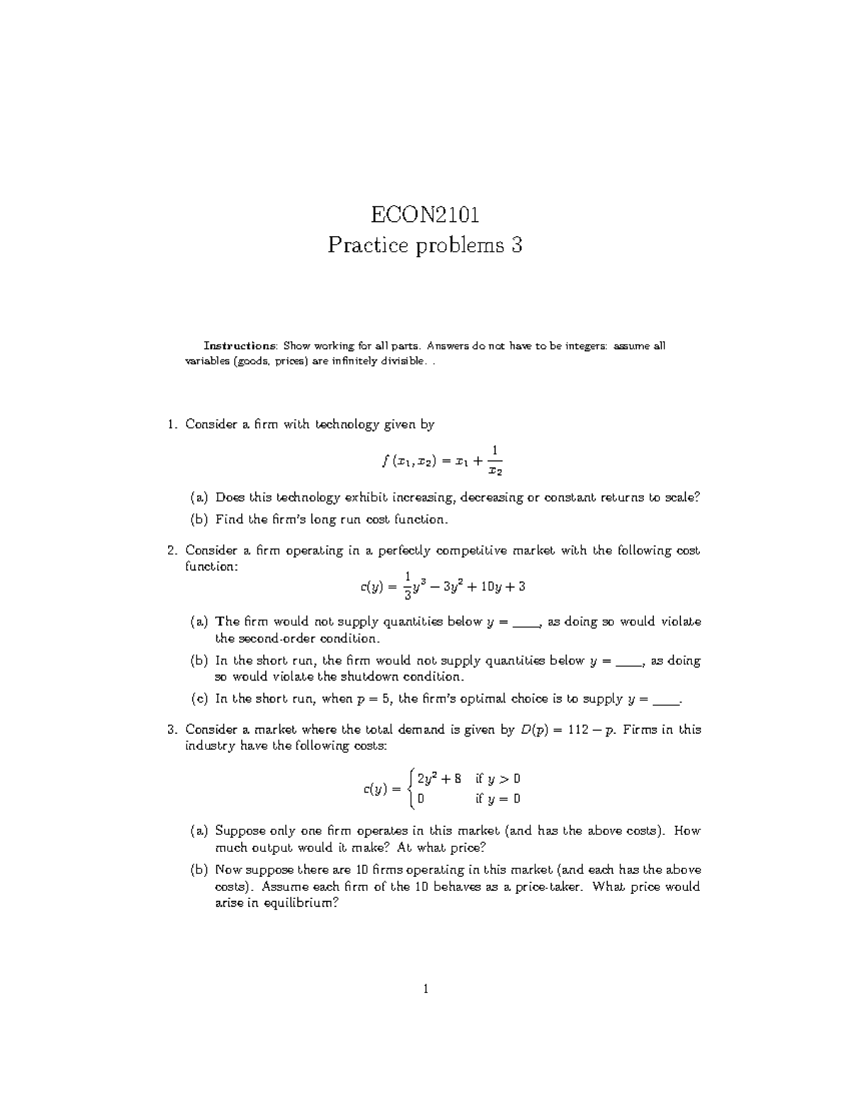 PP3 - Homework - ECON Practice problems 3 Instructions: Show working ...